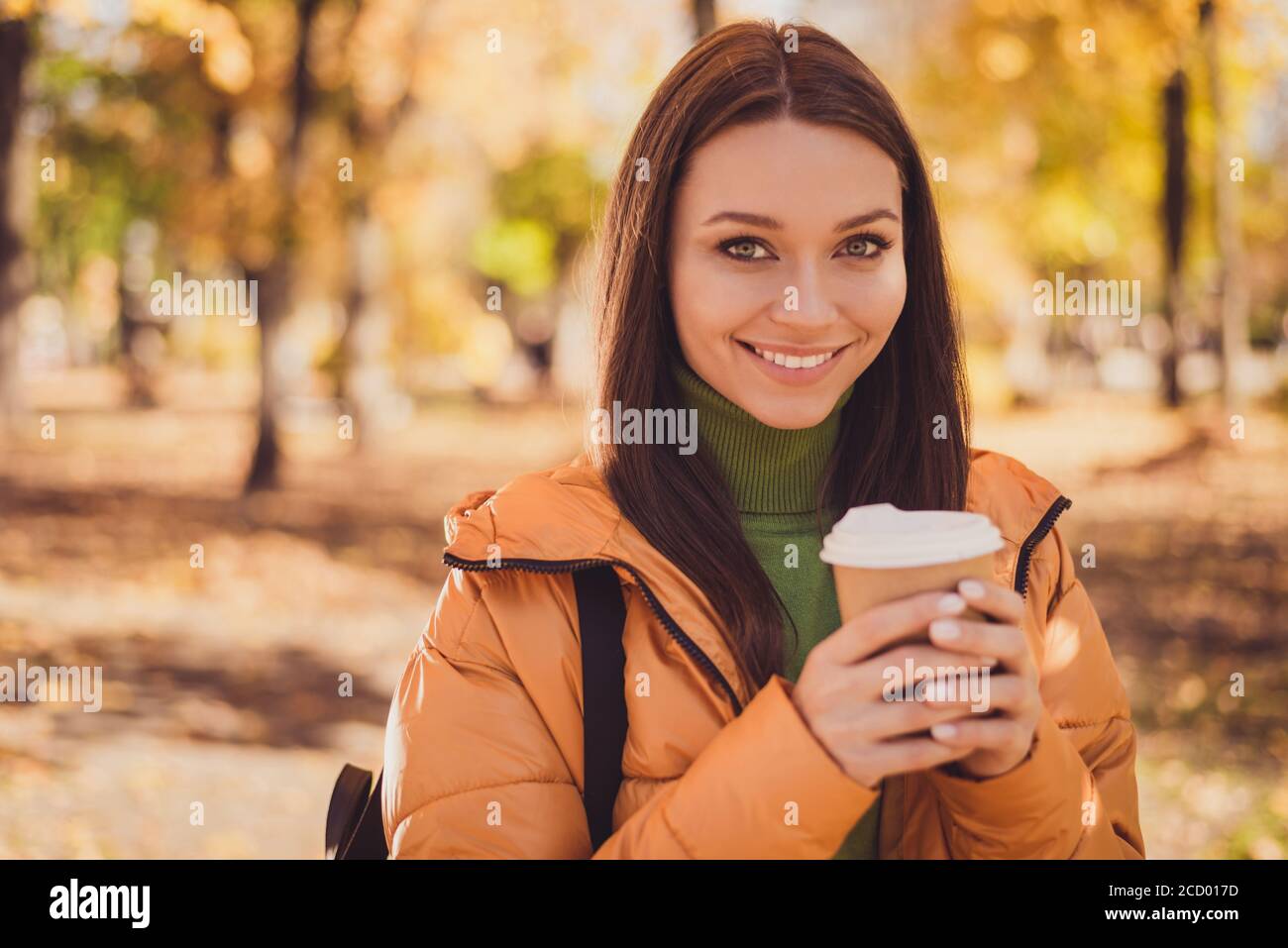 Energy pause. Photo of charming cute lady smiling hold cup drink visit ...