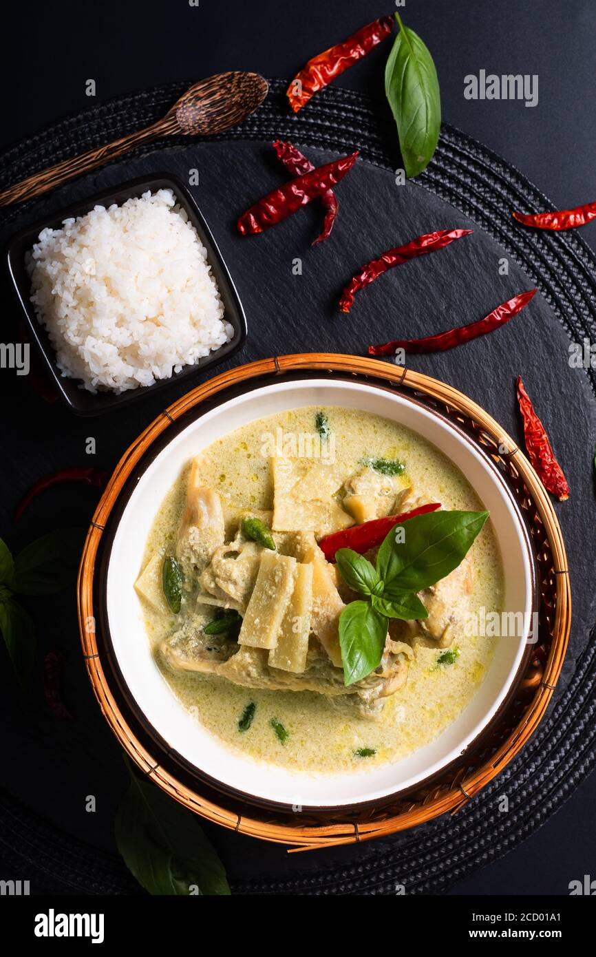Asian home cooking Concept Thai chicken and baby bamboo Green curry and ...