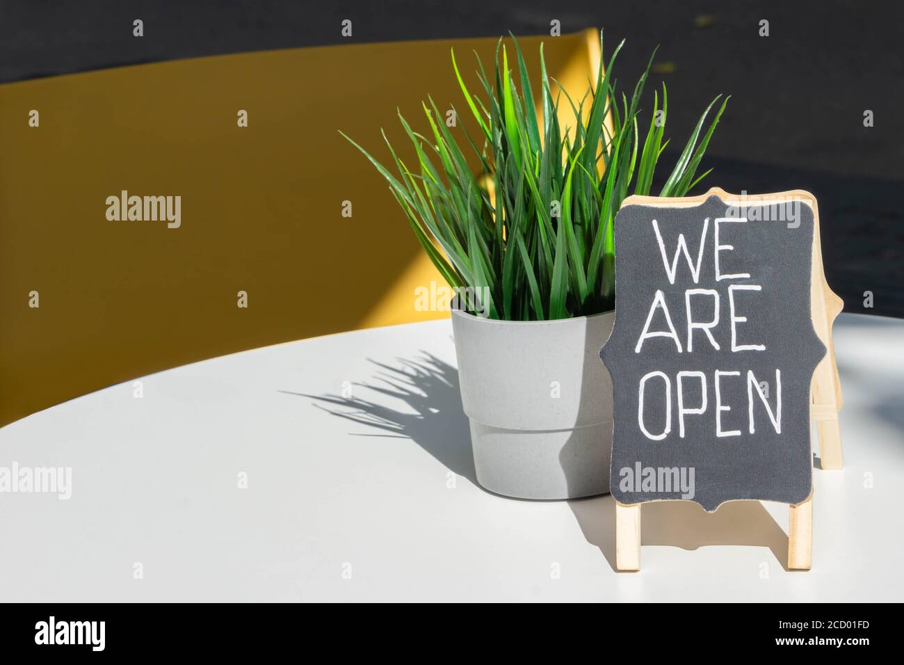 Handwritten text WE ARE OPEN and on blackboard pot with grass closeup ...