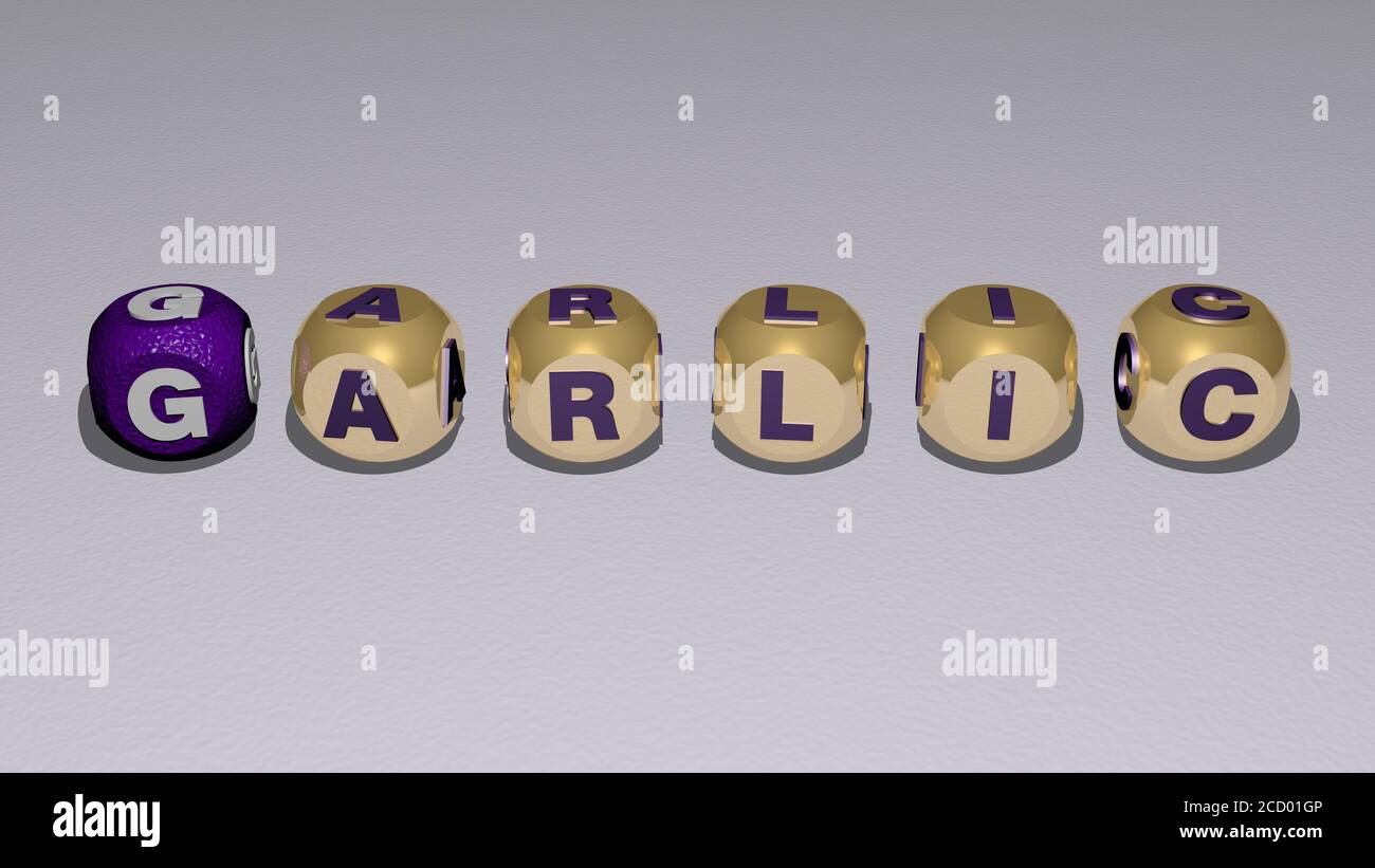 garlic text by cubic dice letters, 3D illustration Stock Photo - Alamy