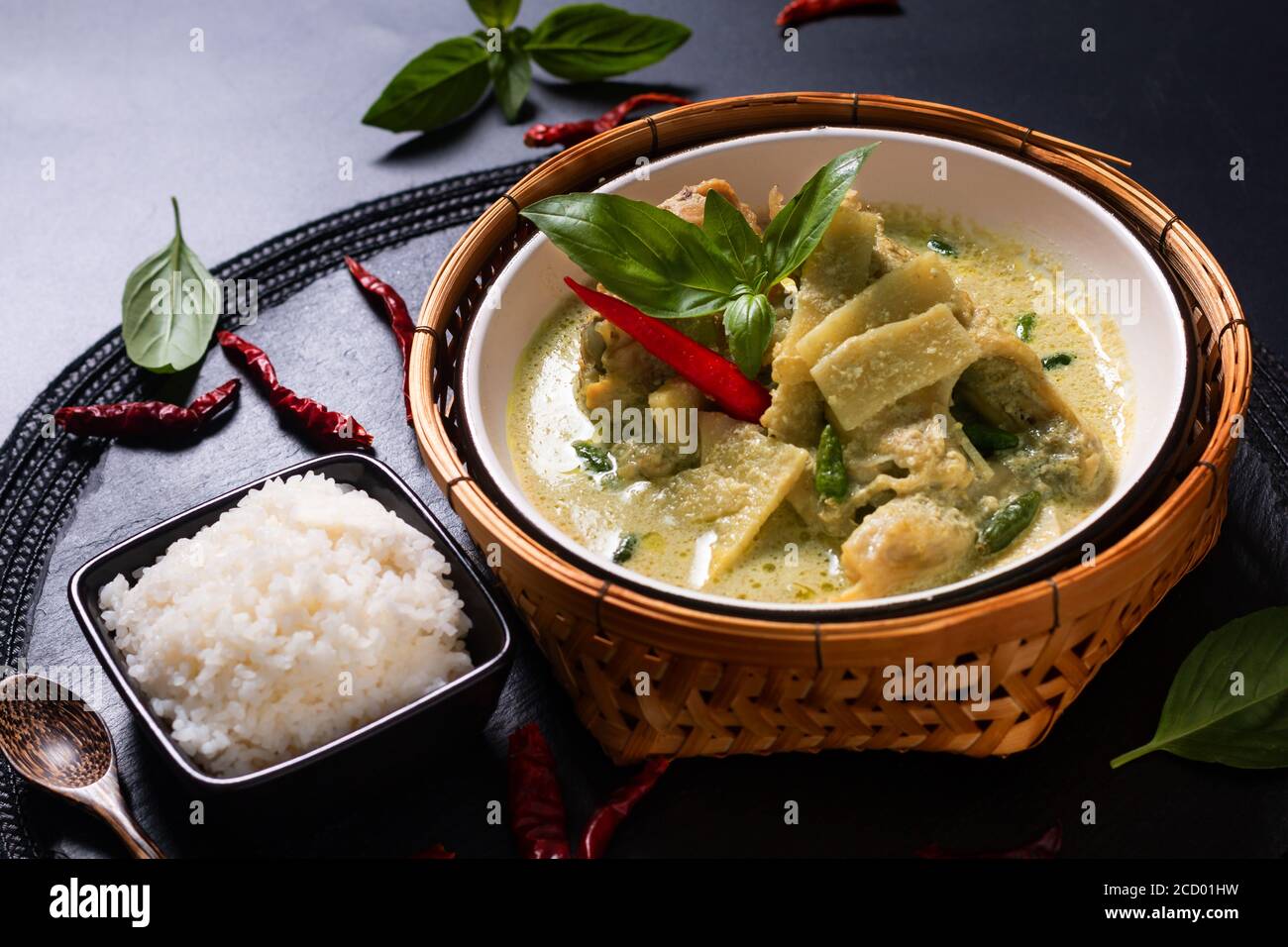 Asian home cooking Concept Thai chicken and baby bamboo Green curry and ...