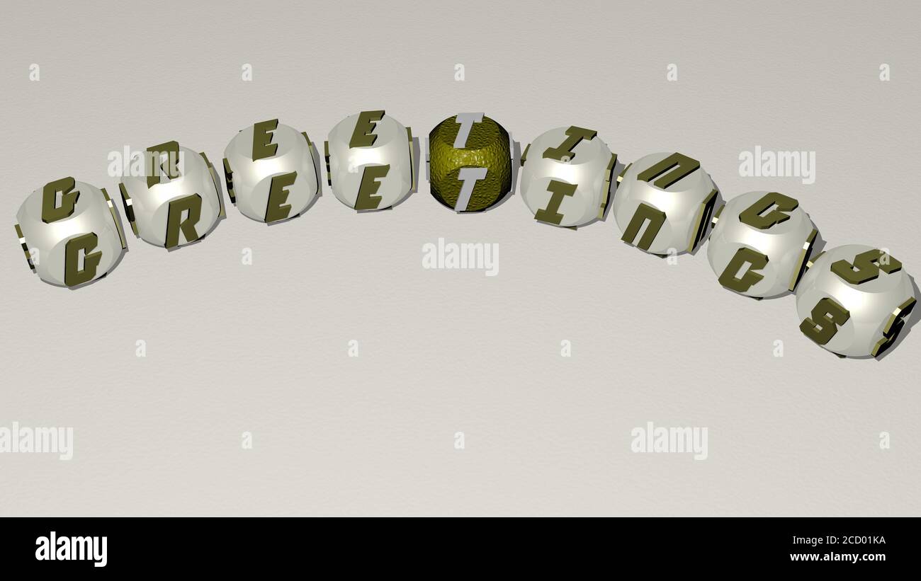 greetings curved text of cubic dice letters, 3D illustration Stock ...