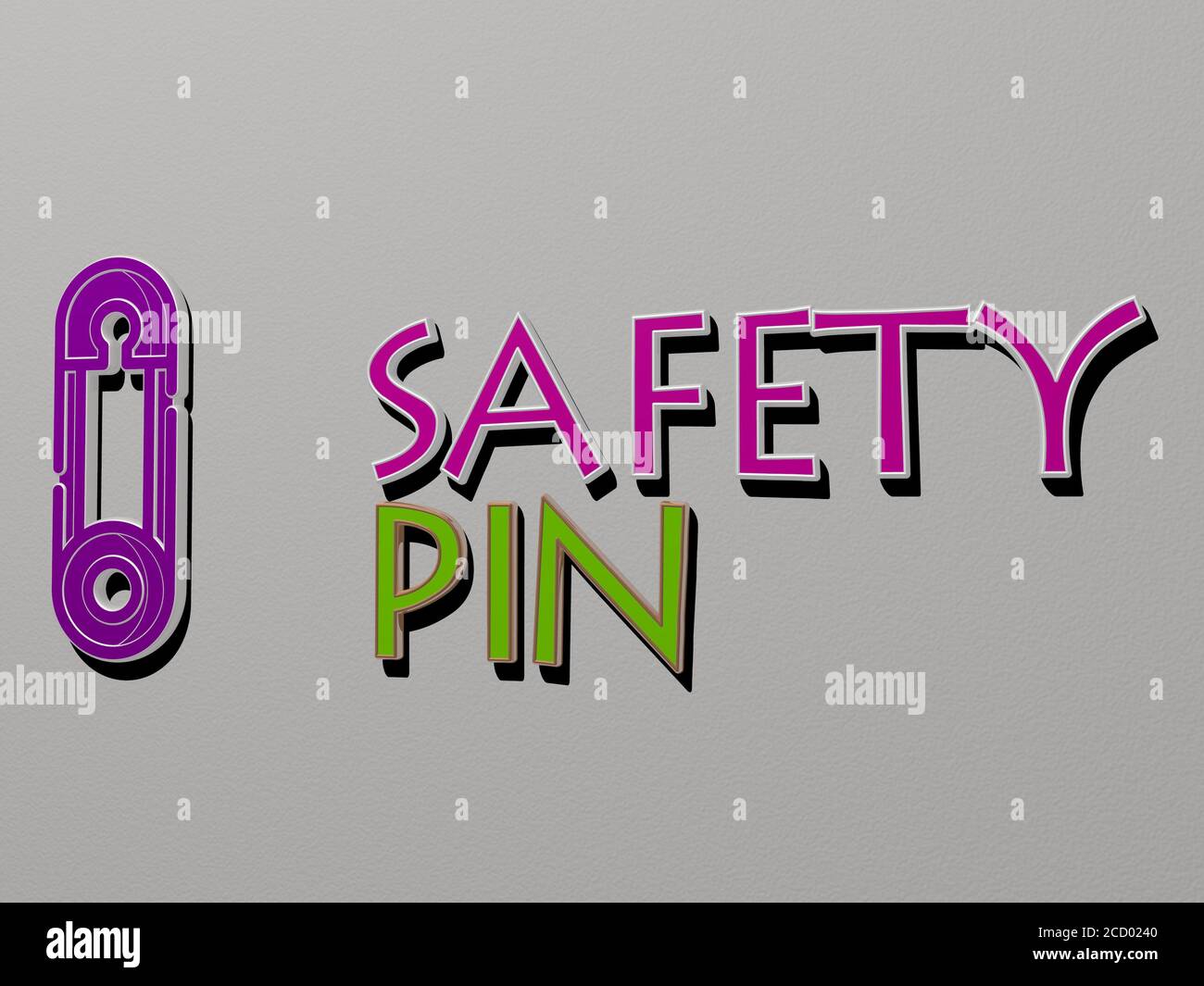 3D representation of safety pin with icon on the wall and text arranged ...
