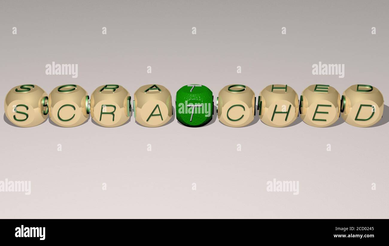 SCRATCHED text by cubic dice letters, 3D illustration Stock Photo - Alamy