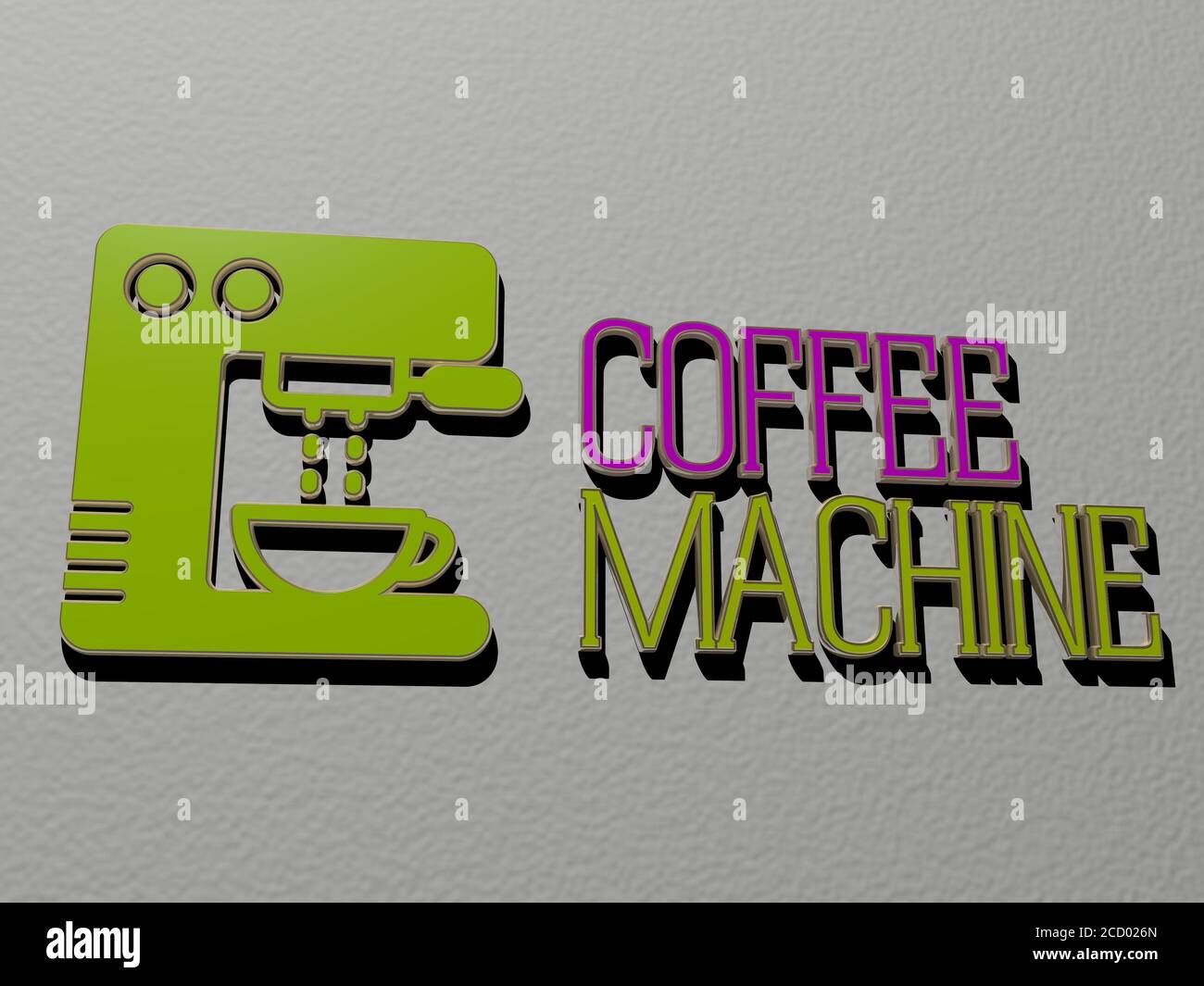 3D representation of coffee machine with icon on the wall and text ...