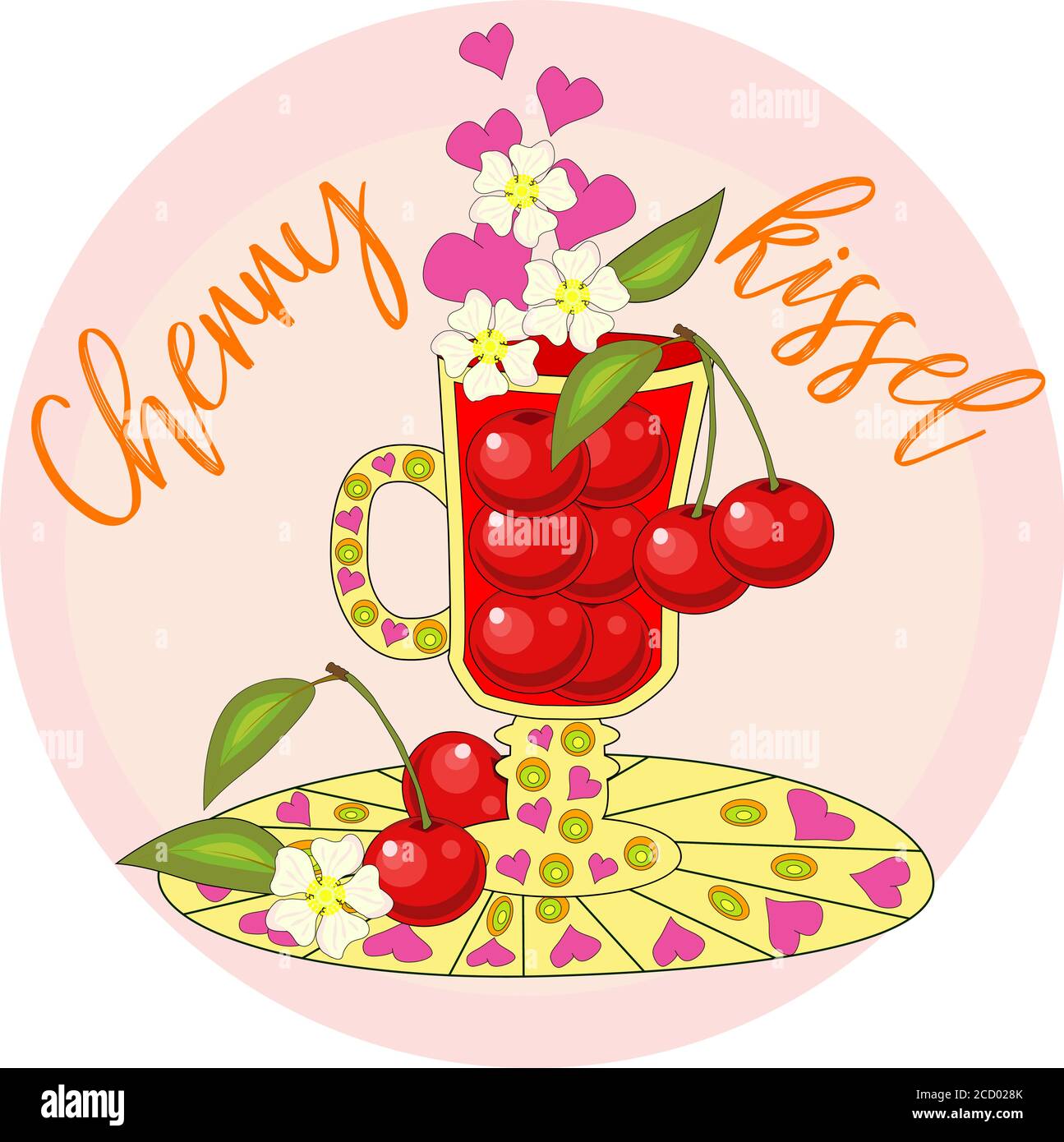 Cherry tea. Tea cooked with love. A cup with cherry berries, decorated ...