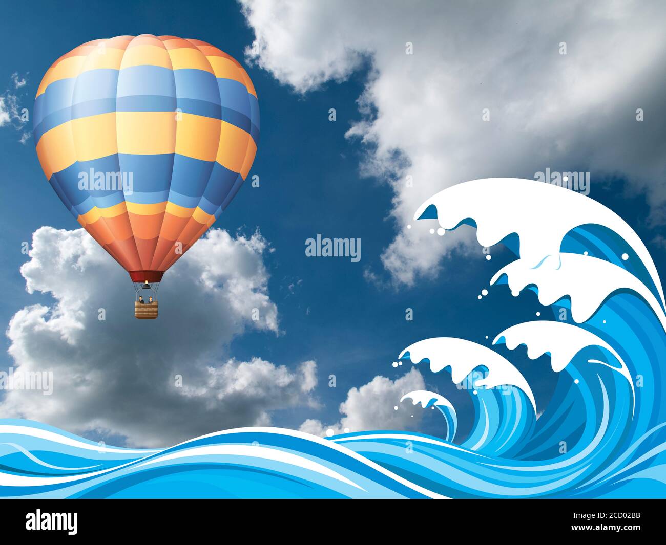 Hot air balloon flying over high ocean waves set against a cloudy blue ...