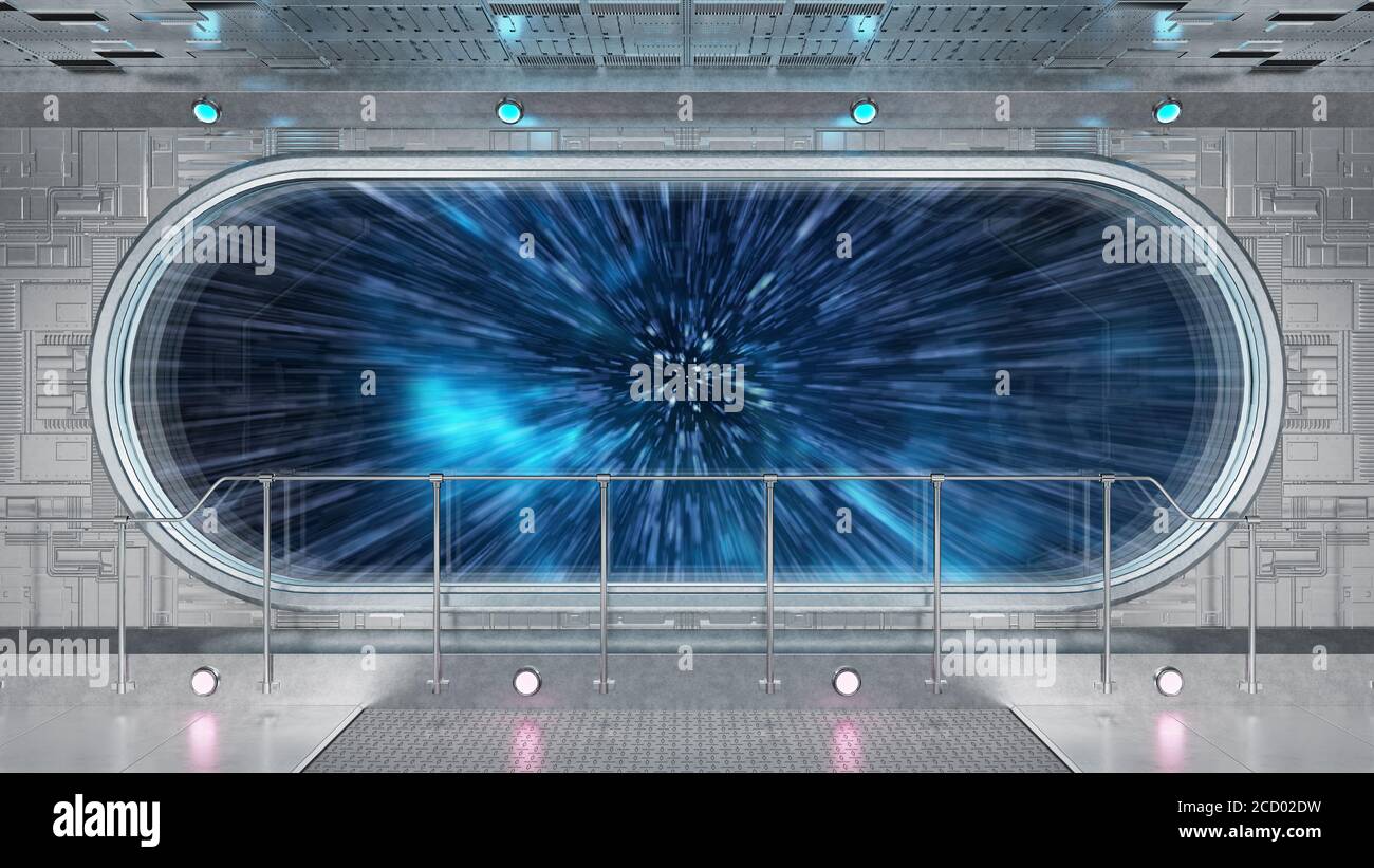 White tech spaceship round window interior jumping to light speed 3D ...