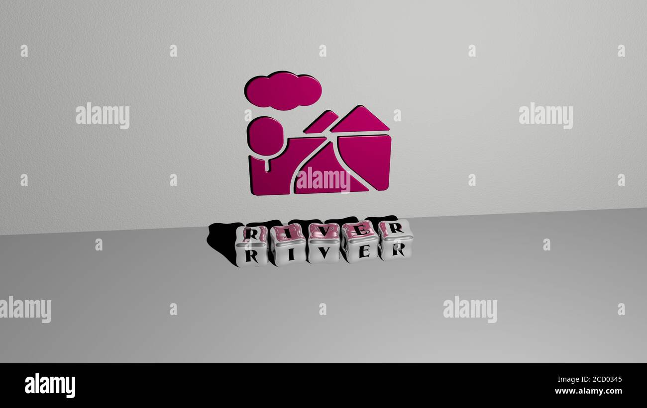 river 3D icon on the wall and cubic letters on the floor, 3D ...