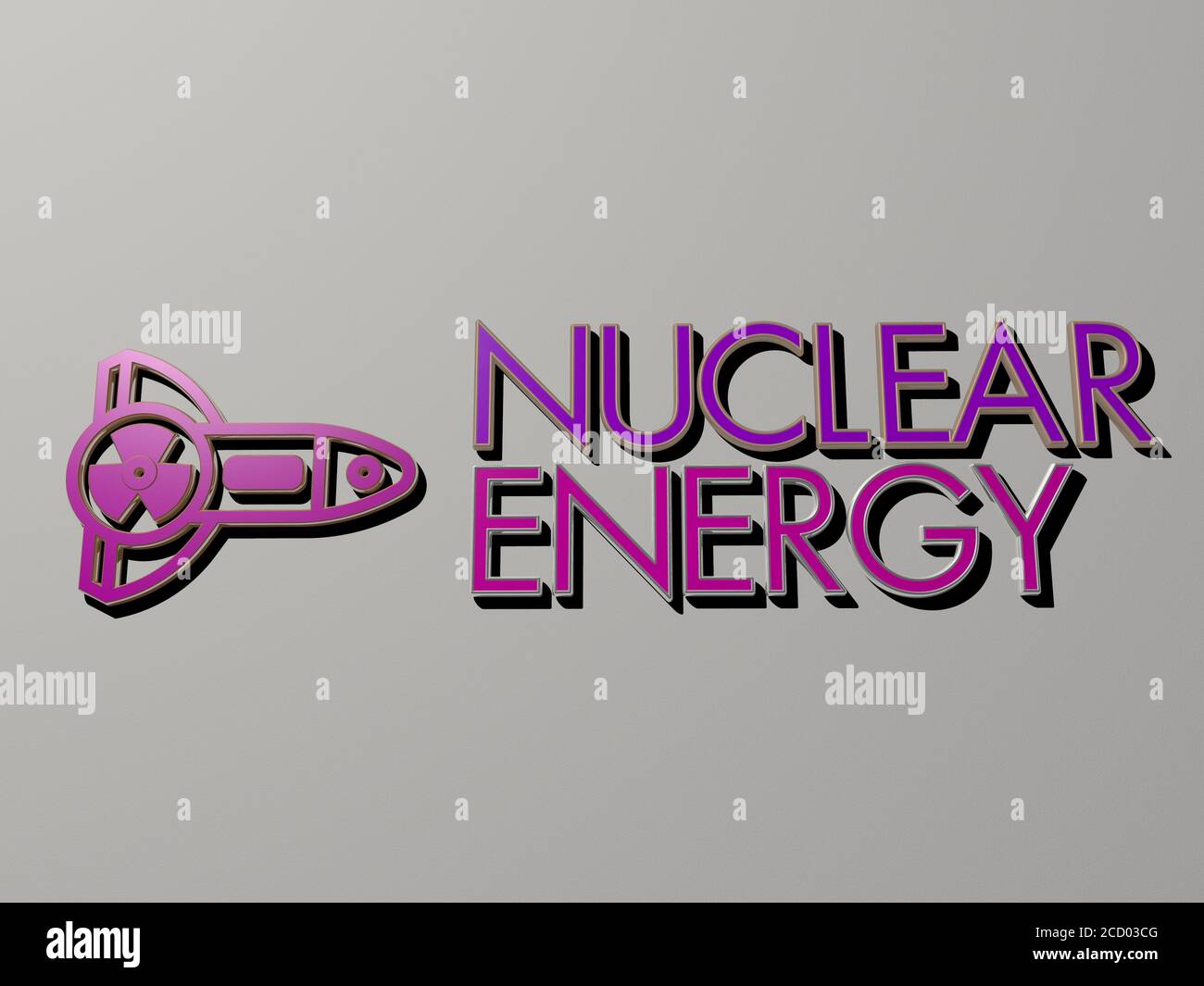 3D illustration of nuclear energy graphics and text made by metallic ...