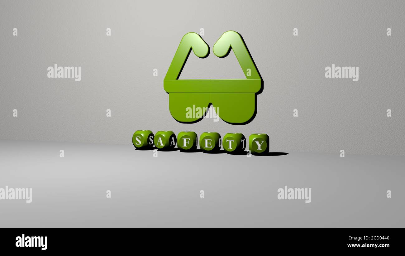safety 3D icon on the wall and text of cubic alphabets on the floor, 3D ...