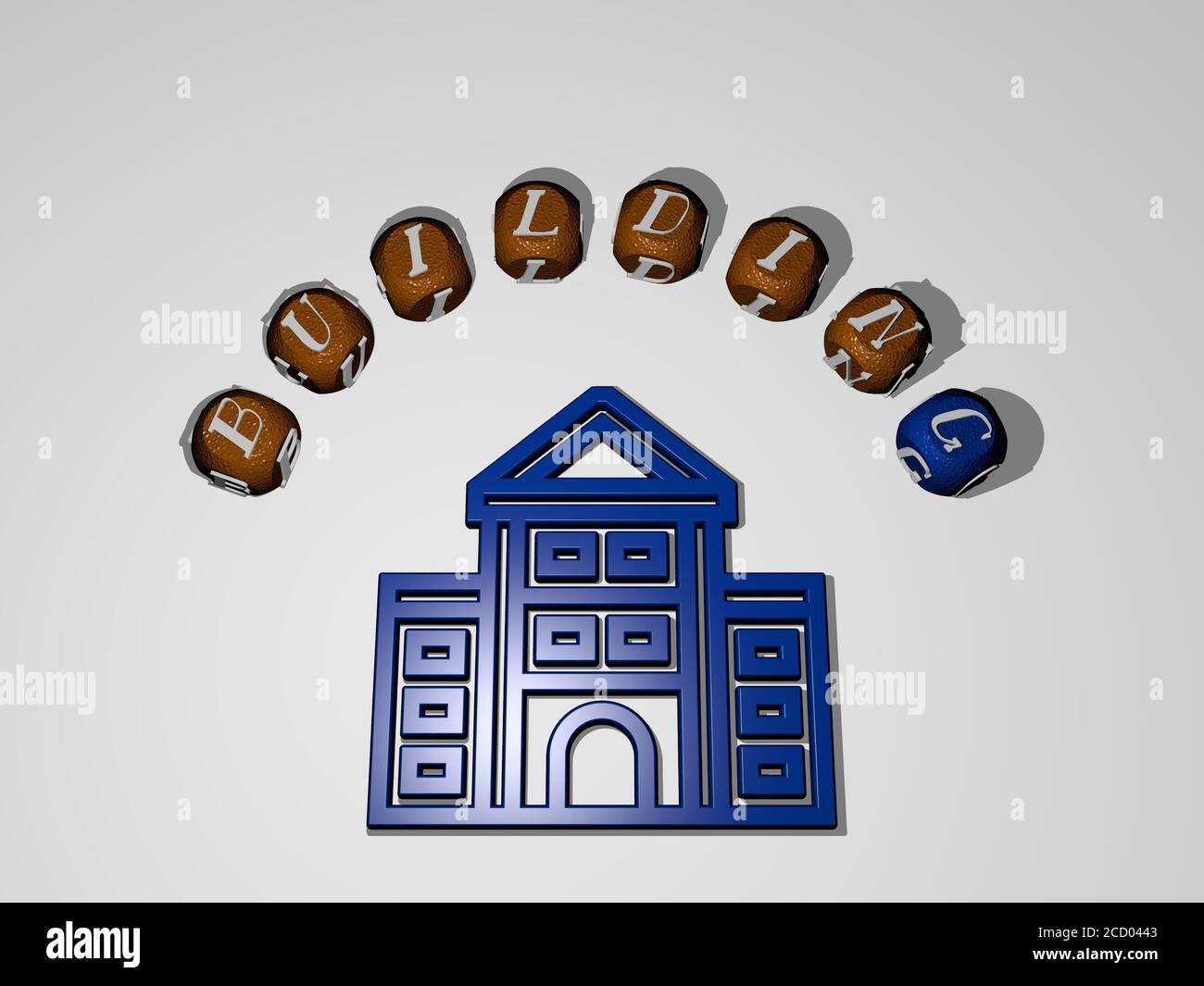 building icon surrounded by the text of individual letters, 3D ...