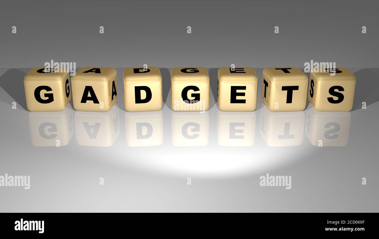 Gadgets text of cubic dice letters on the floor and 3D icon on the wall ...