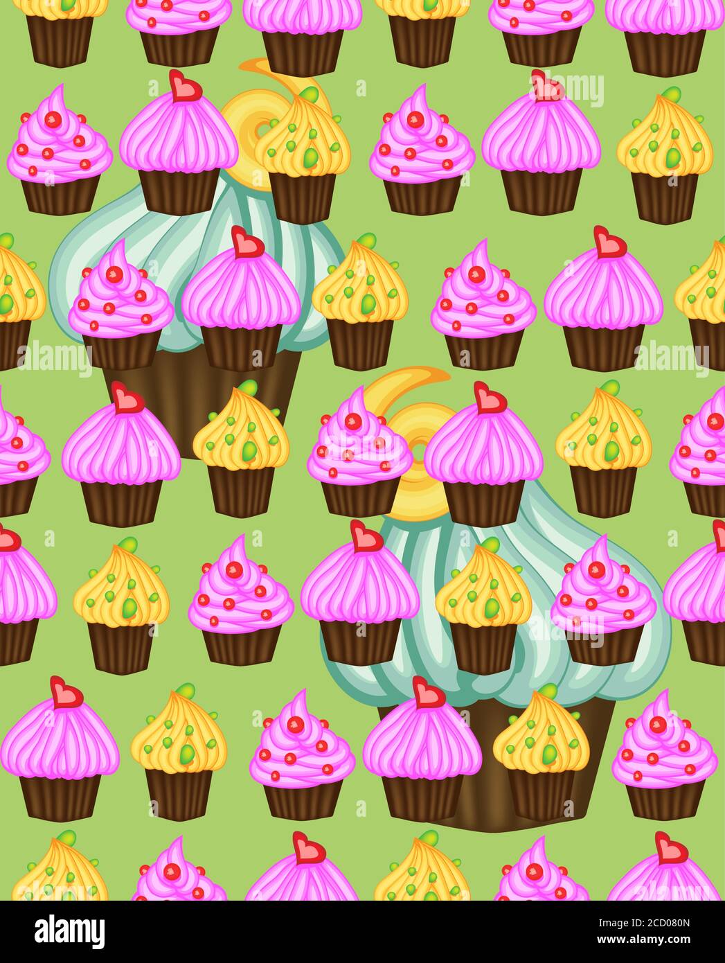 Birthday background. Seamless pattern with cupcakes and muffins. Cute cartoon characters, emoji ...