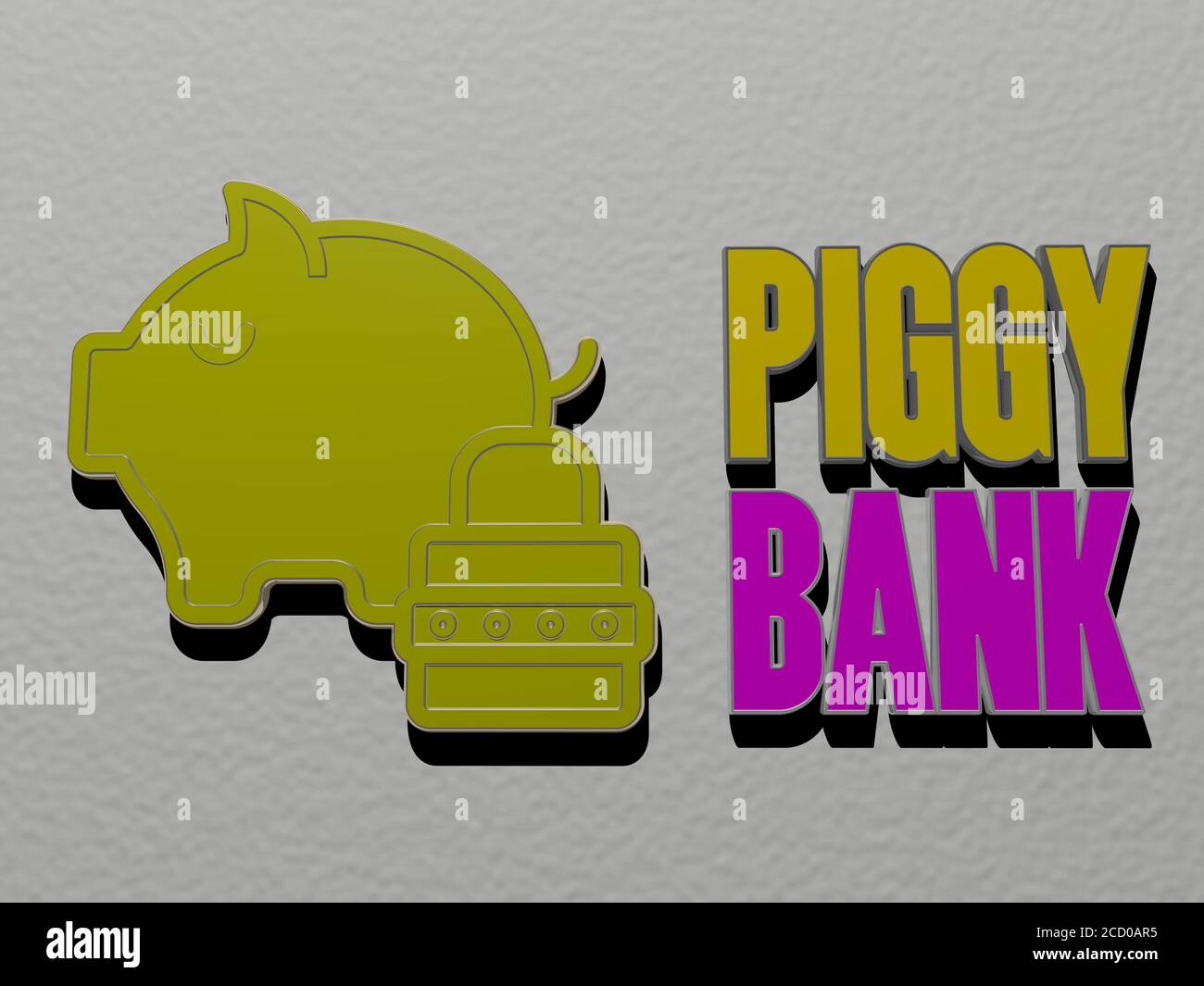 3D illustration of piggy bank graphics and text made by metallic dice ...