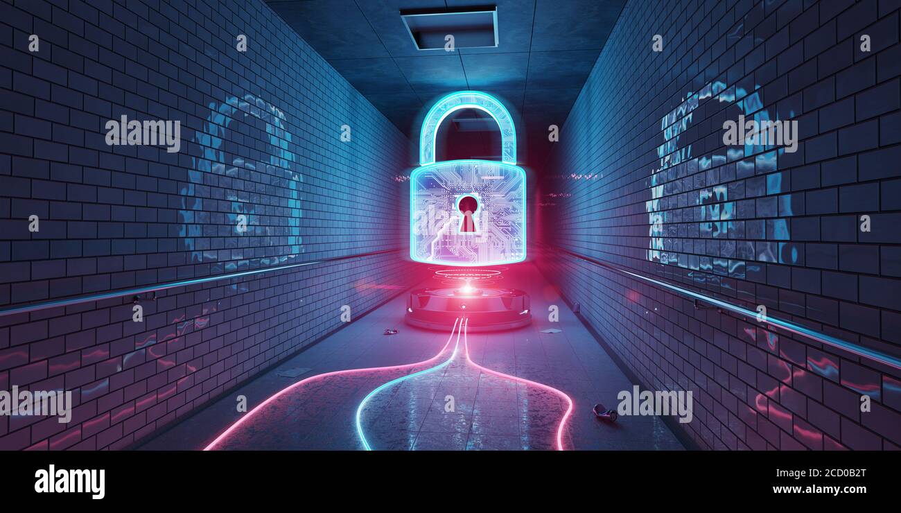 Blue and pink underground cyber security hologram with digital padlock ...