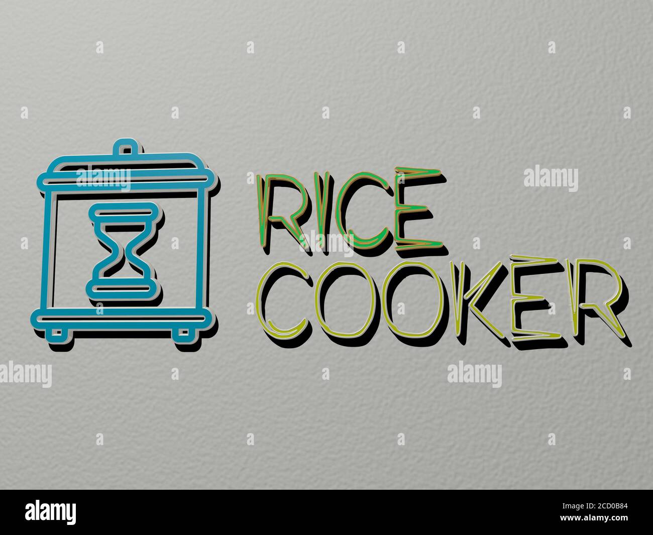 3D representation of rice cooker with icon on the wall and text ...