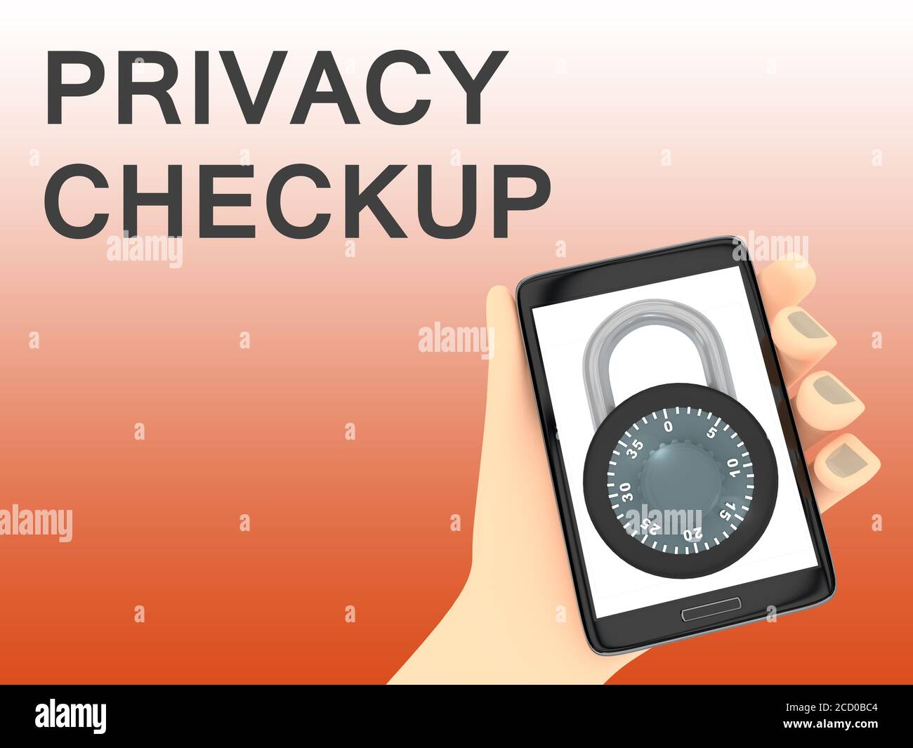 3D illustration of a combination lock on the screen of a cellulr phone ...