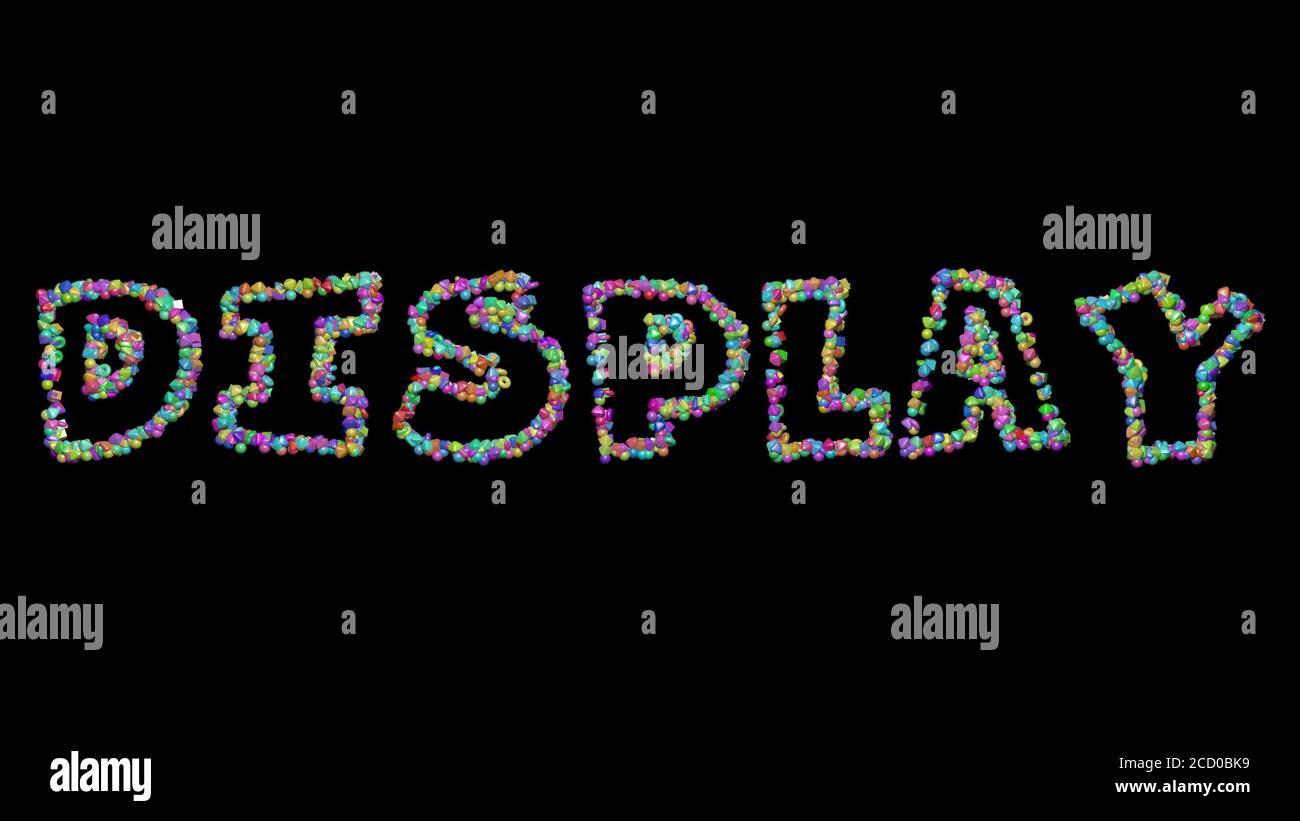 display: 3D illustration of the text made of small objects over a black ...