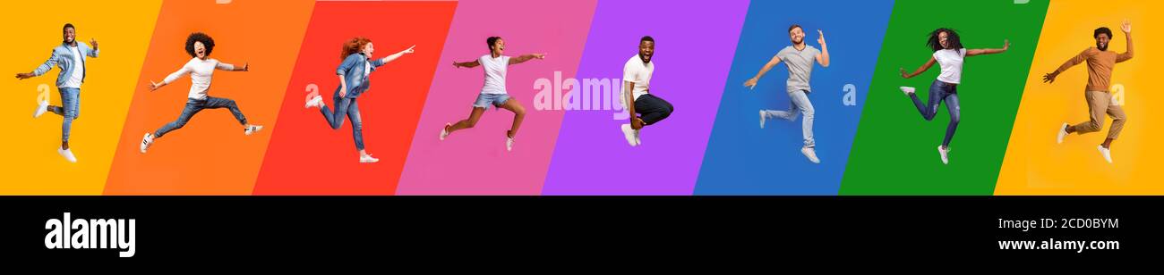 Collage of joyful jumping multicultural people in air on bright ...