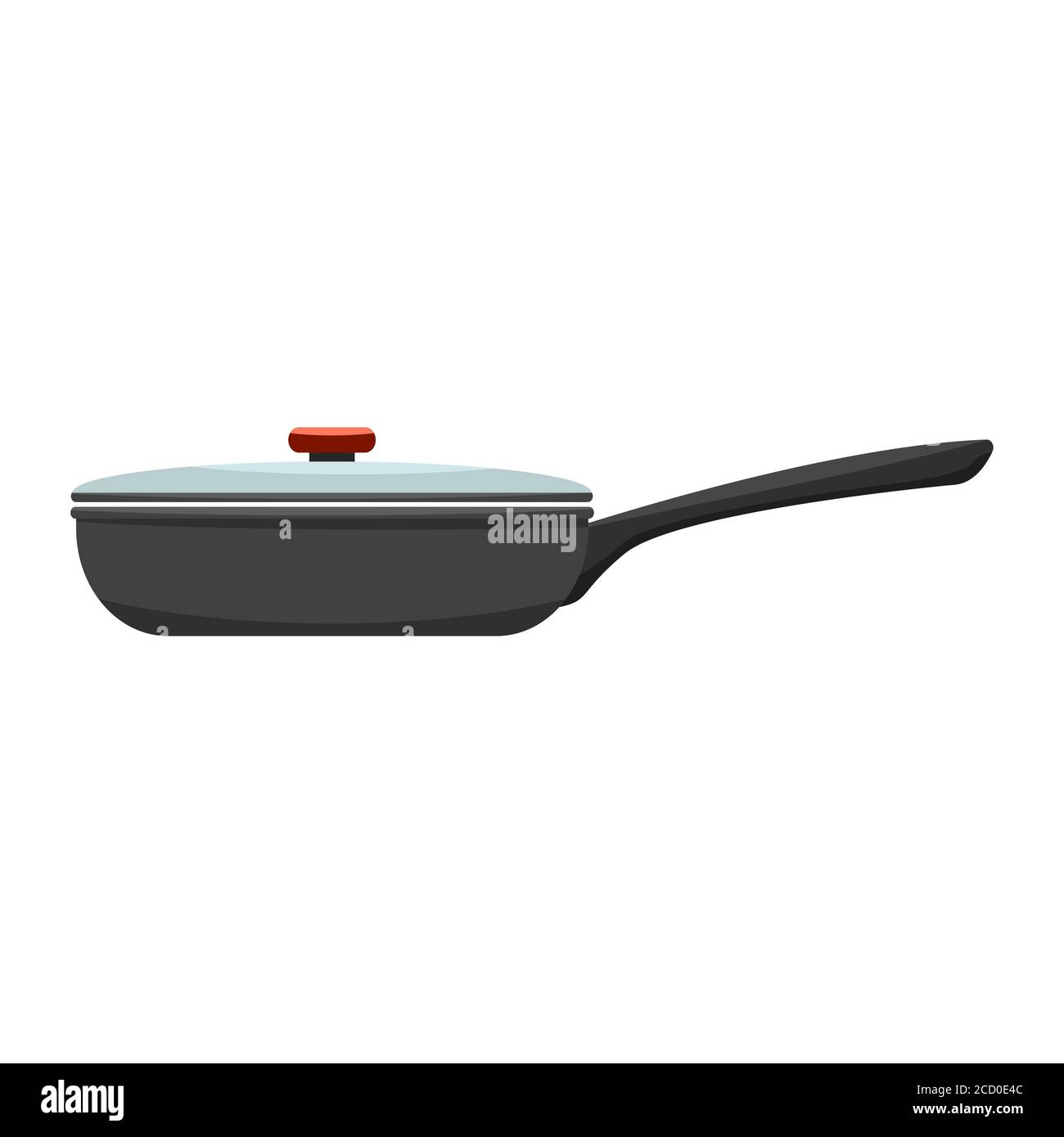 Frying pan with handle and cover. From side view. Flat and solid color ...