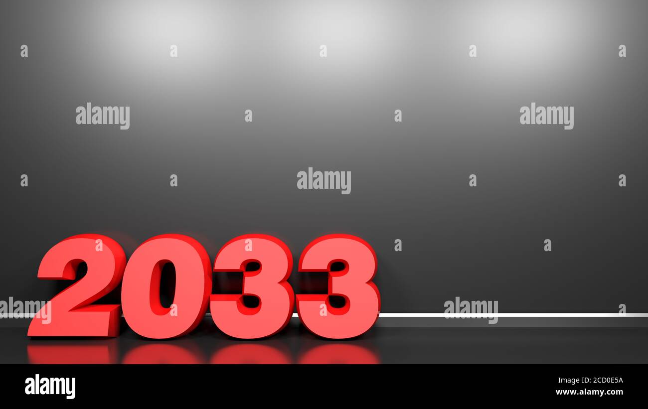 2033 red write at black glossy wall background - 3D rendering ...