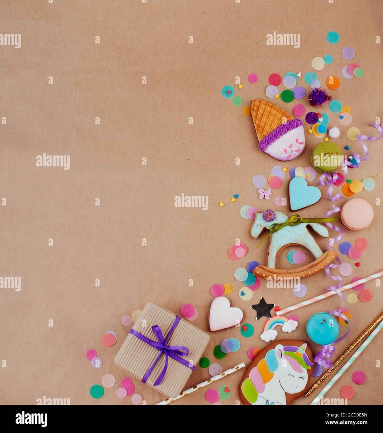 Baby shower party background: baby accessories and cookies on craft ...