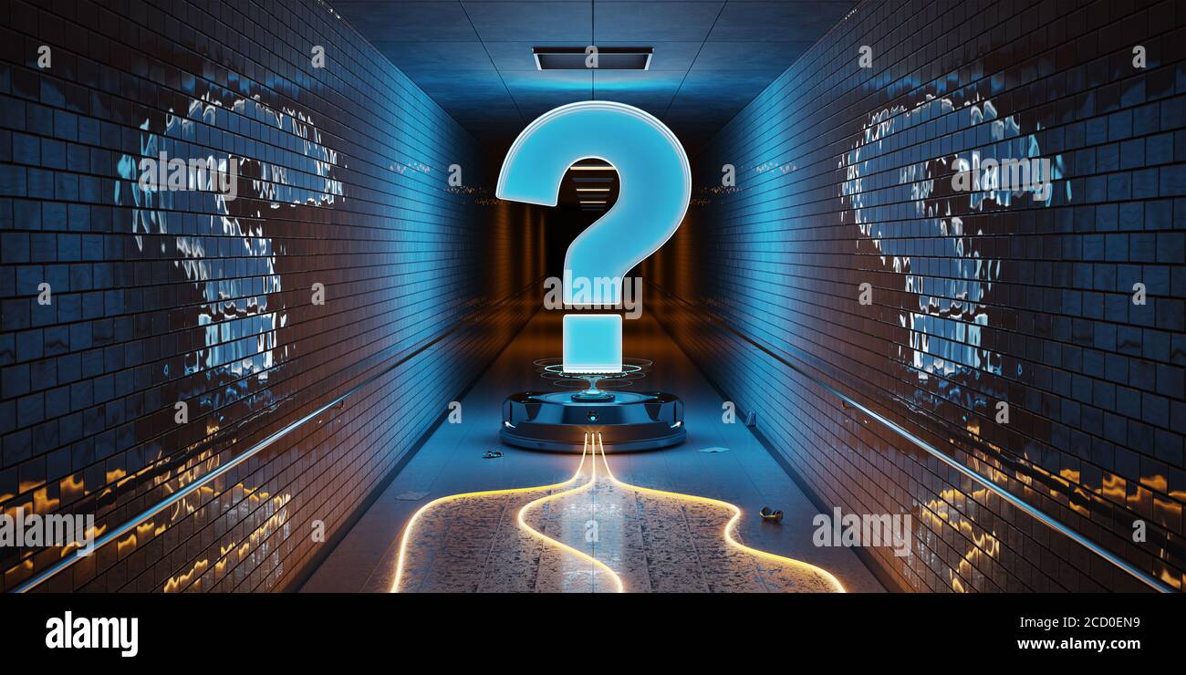 Blue and orange question marks digital hologram in underground 3D ...