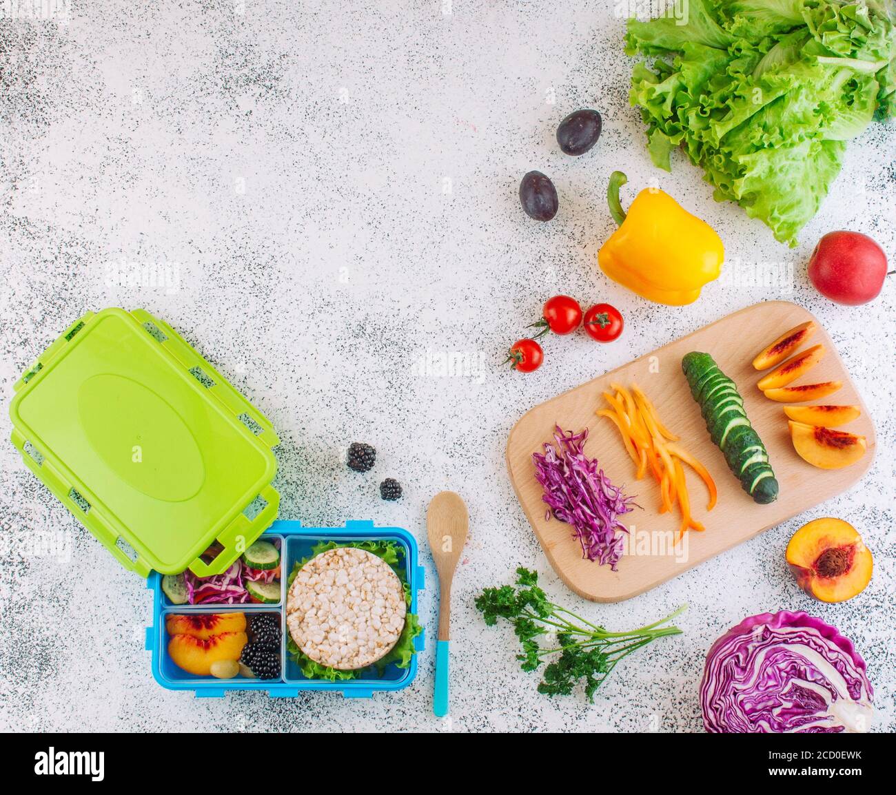 Healthy food concept. Blue lunch box with cover filled with sandwich ...