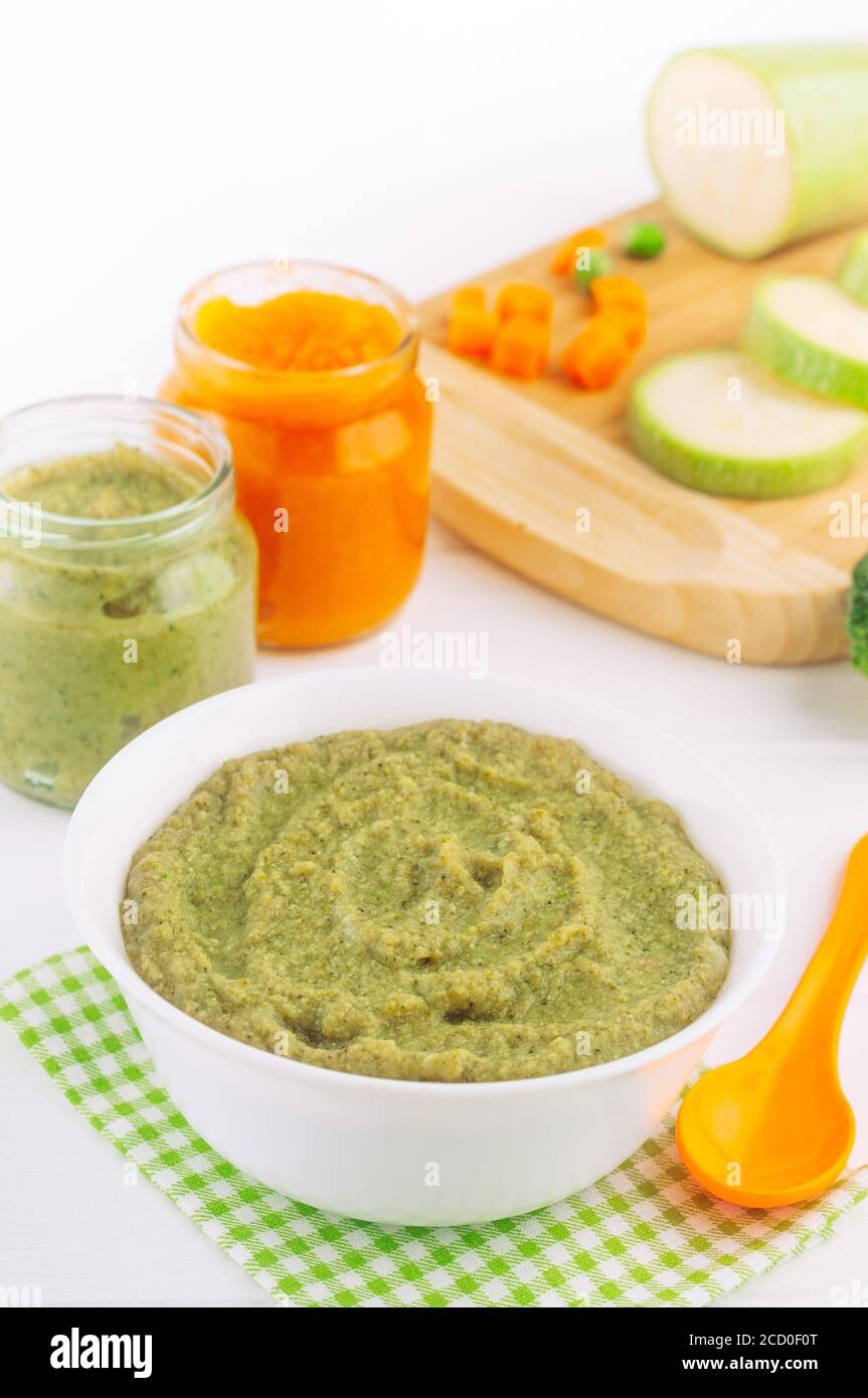 Natural baby food concept. Different types of vegetable puree on the ...
