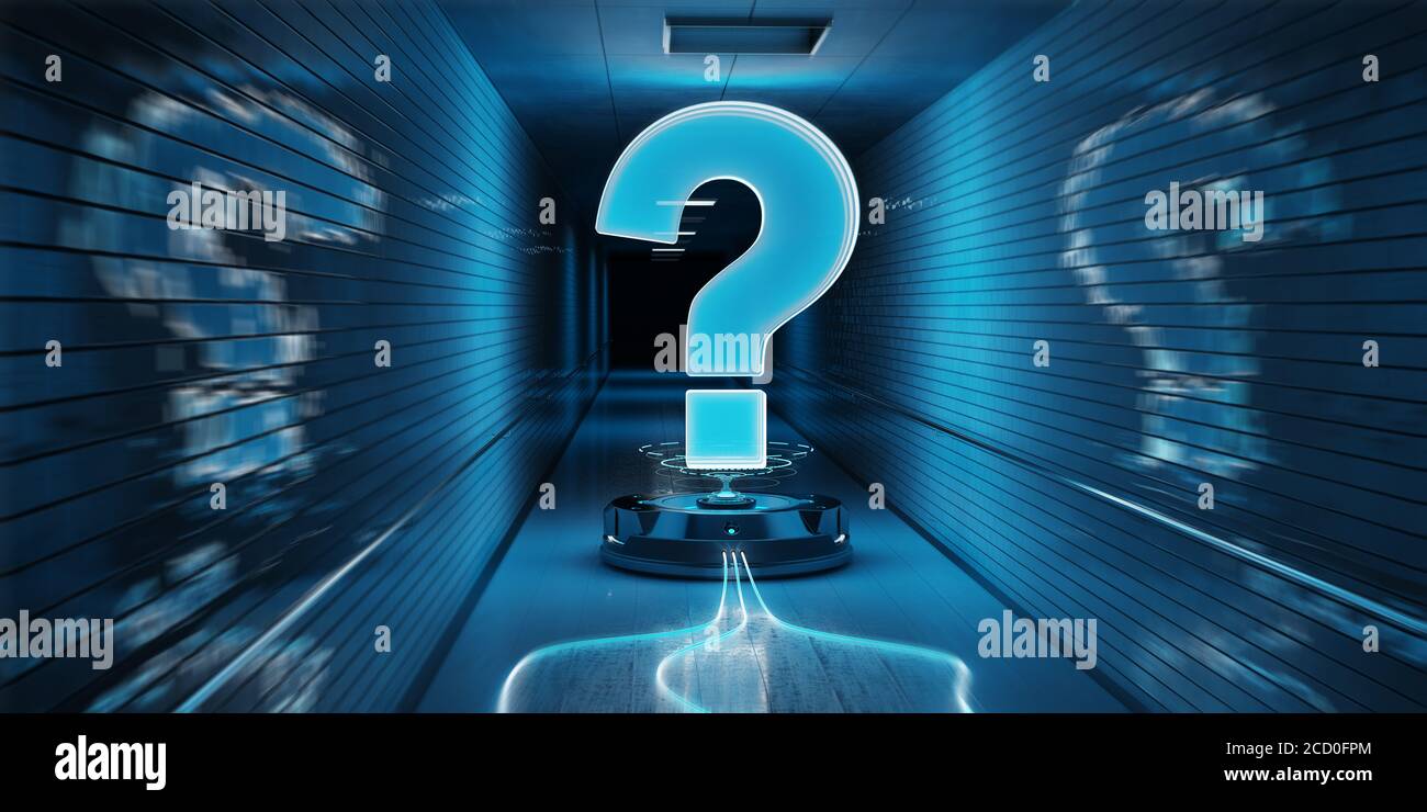 Blue question marks digital hologram in underground 3D rendering Stock ...