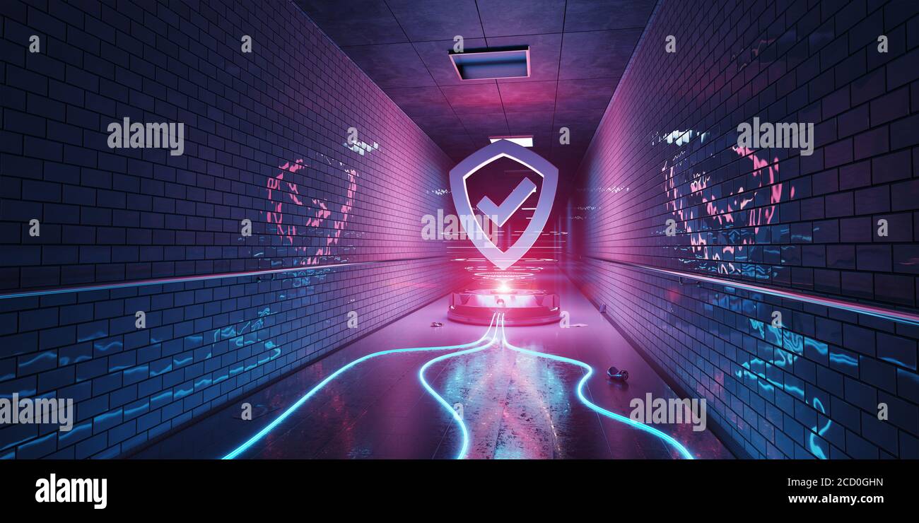 Blue and pink underground cyber security hologram with digital shield ...