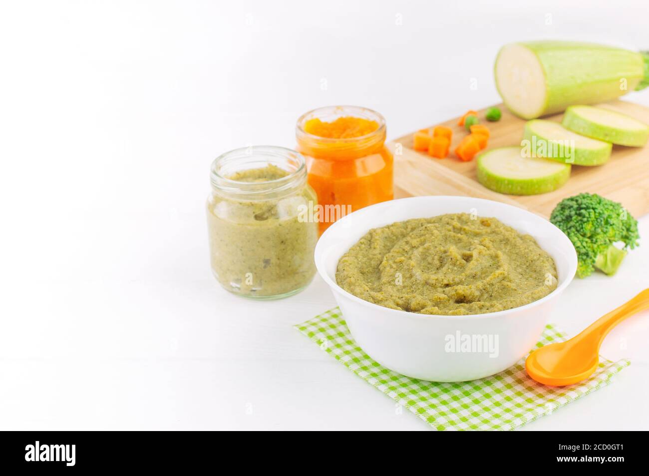 Natural baby food concept. Different types of vegetable puree on the ...