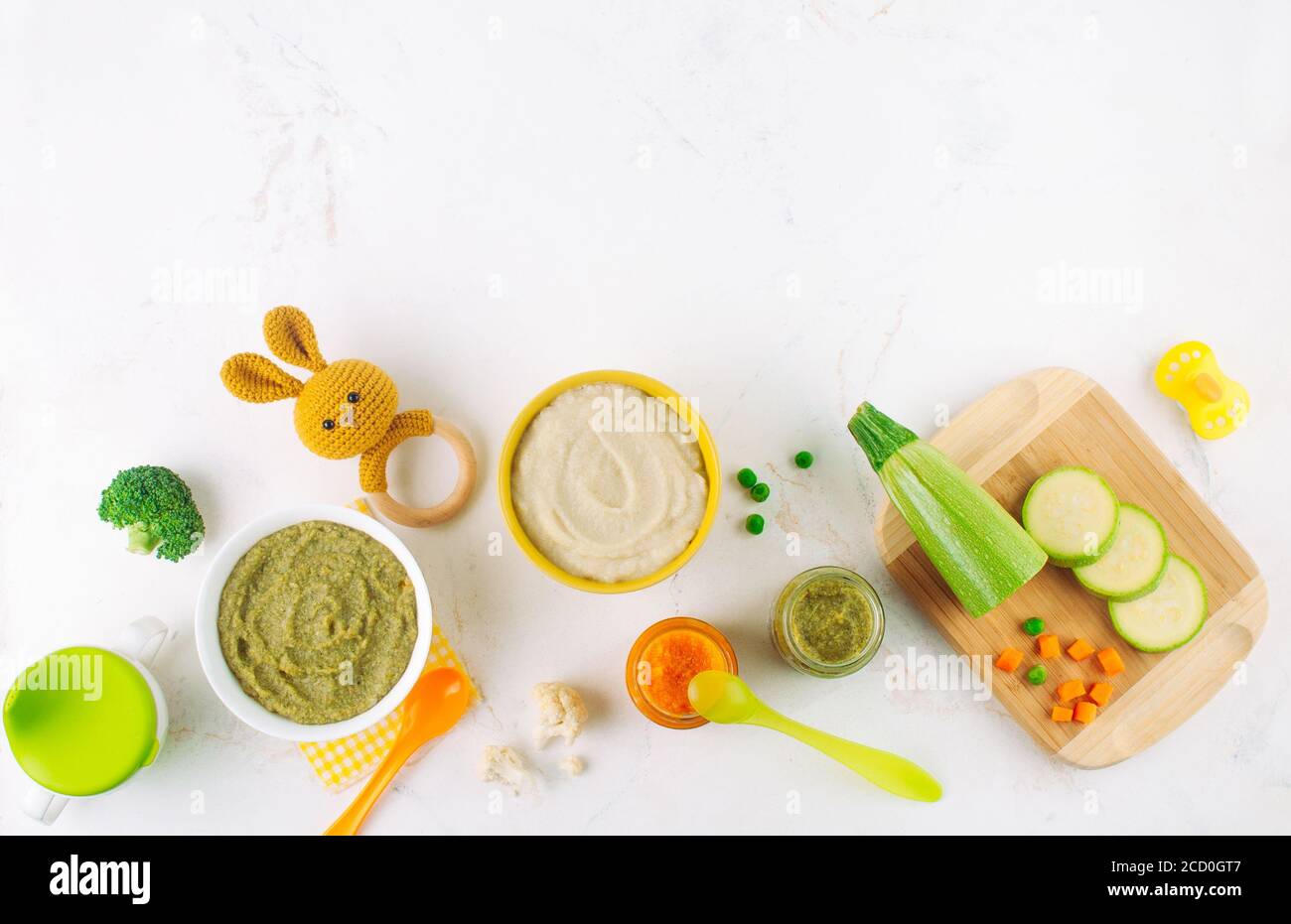 Natural baby food concept. Different types of vegetable puree on the ...