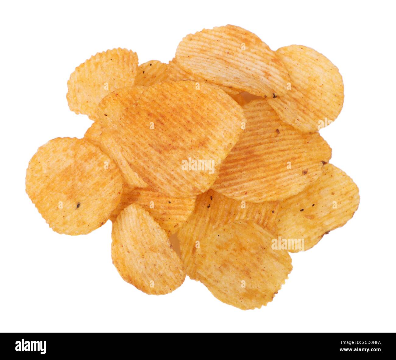 Pile of potato chips fluted isolated on a white background, close-up ...