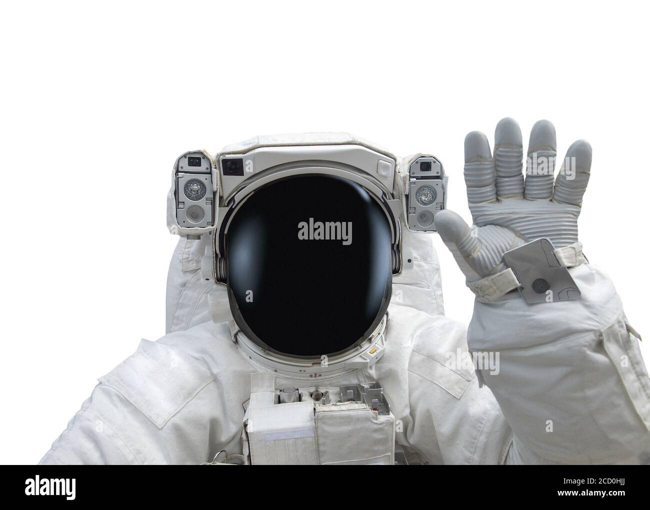 Astronaut in spacesuit raise hand as greeting. Isolated on white ...