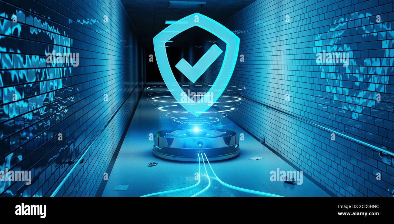 Blue underground cyber security hologram with digital shield 3D ...