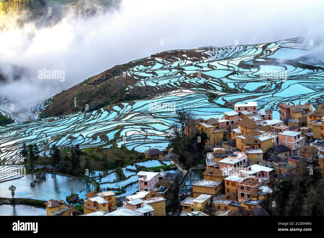 Sunrise over rice terraces of Yuanyang, south Yunnan province, China ...