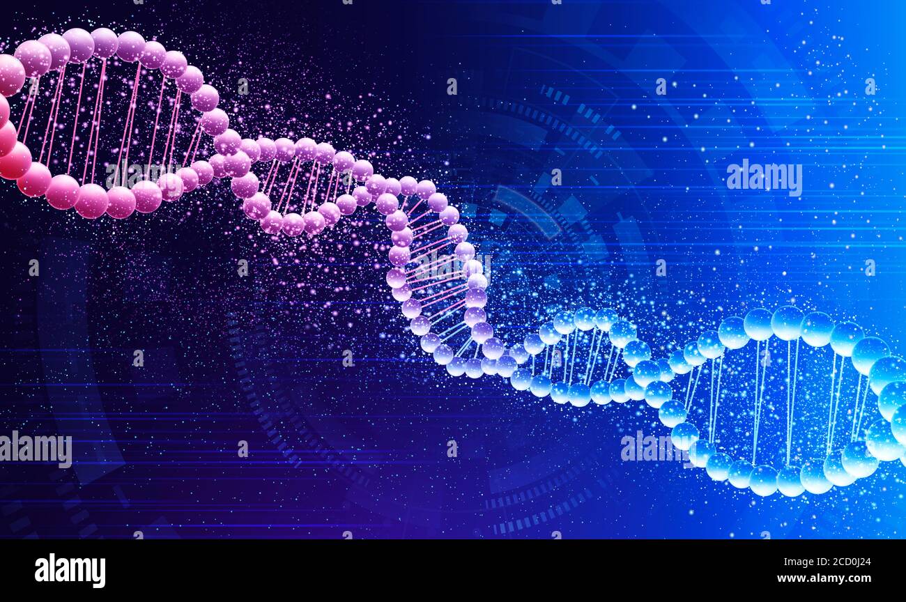 Genetics and biotechnology. Double DNA spiral on blue background ...