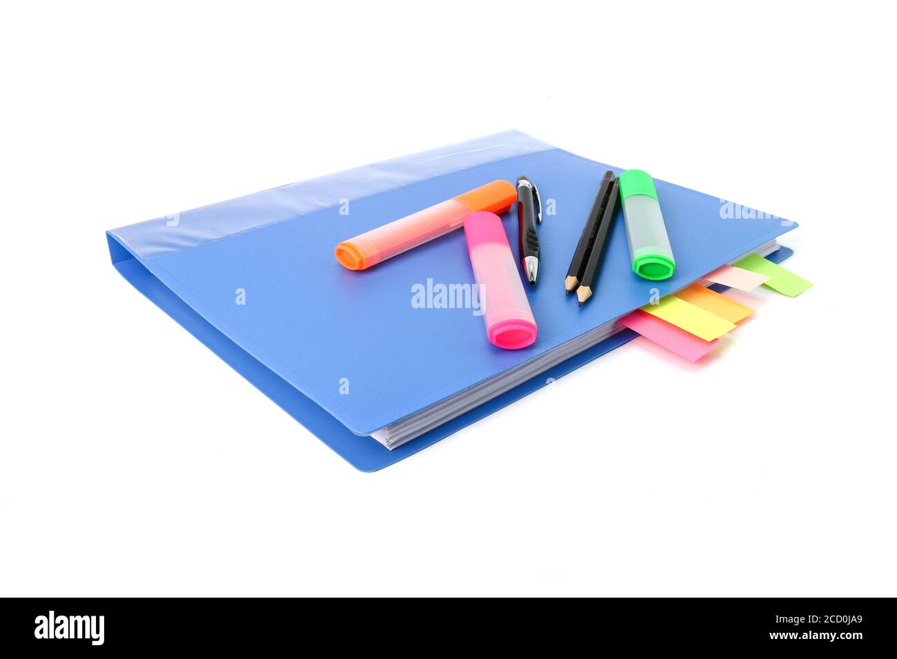 Blue folder document, Color highlight pen pencil isolated white ...