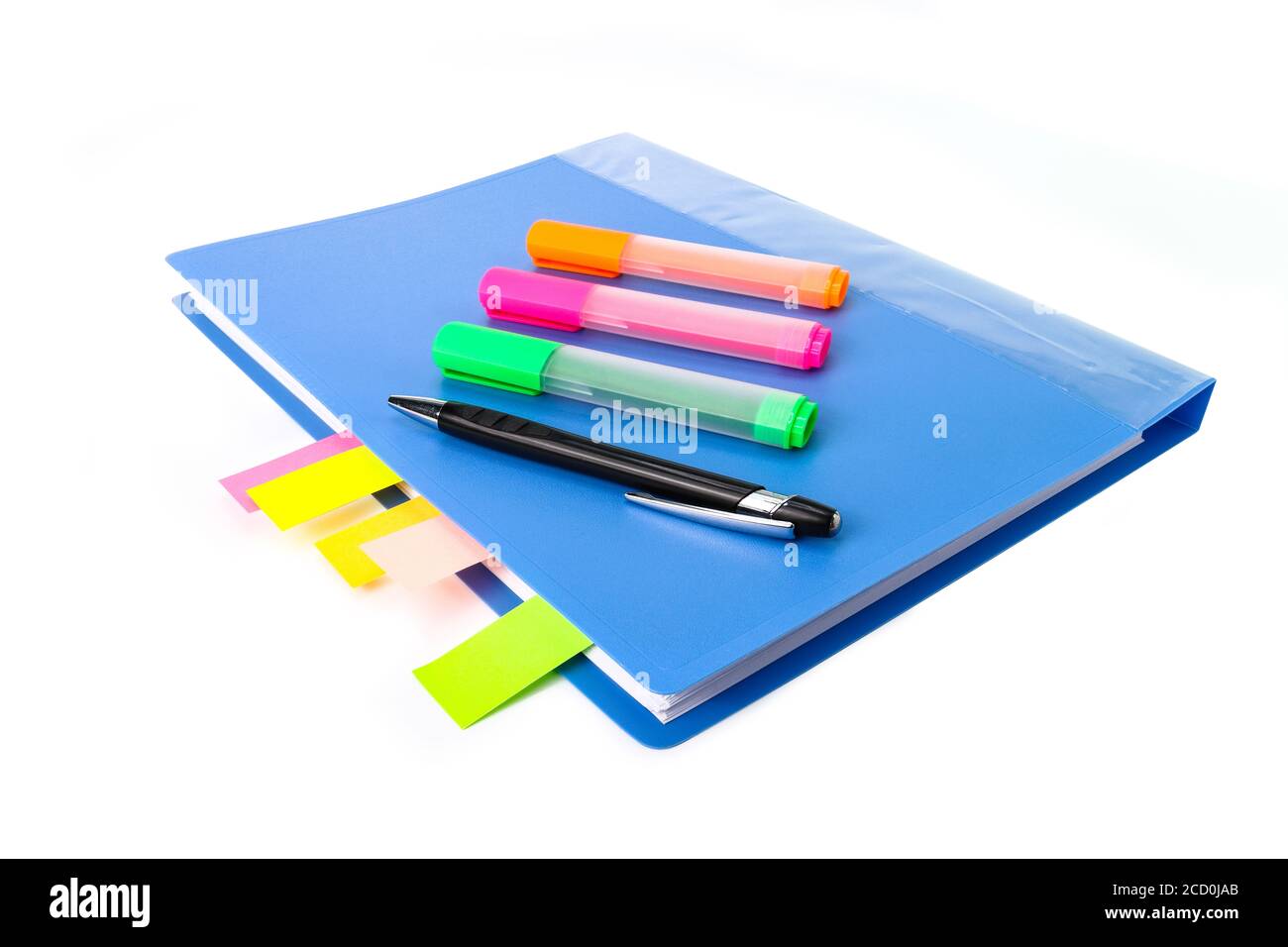 Blue folder document, Color highlight pen isolated white background ...