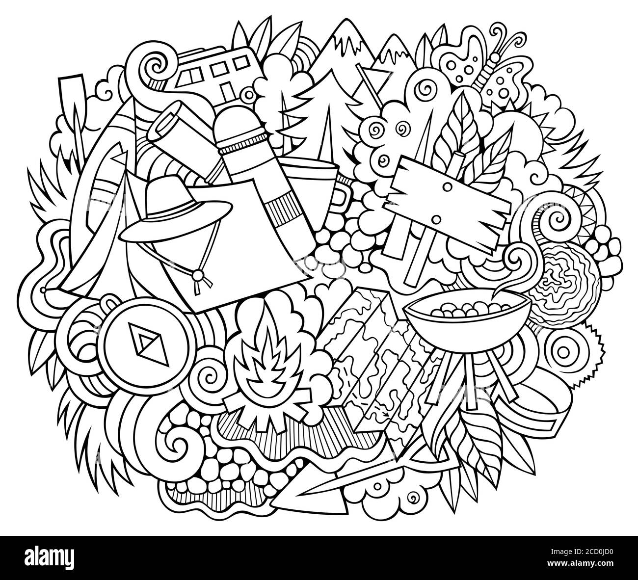 Camp hand drawn cartoon doodles illustration. Funny camping design ...