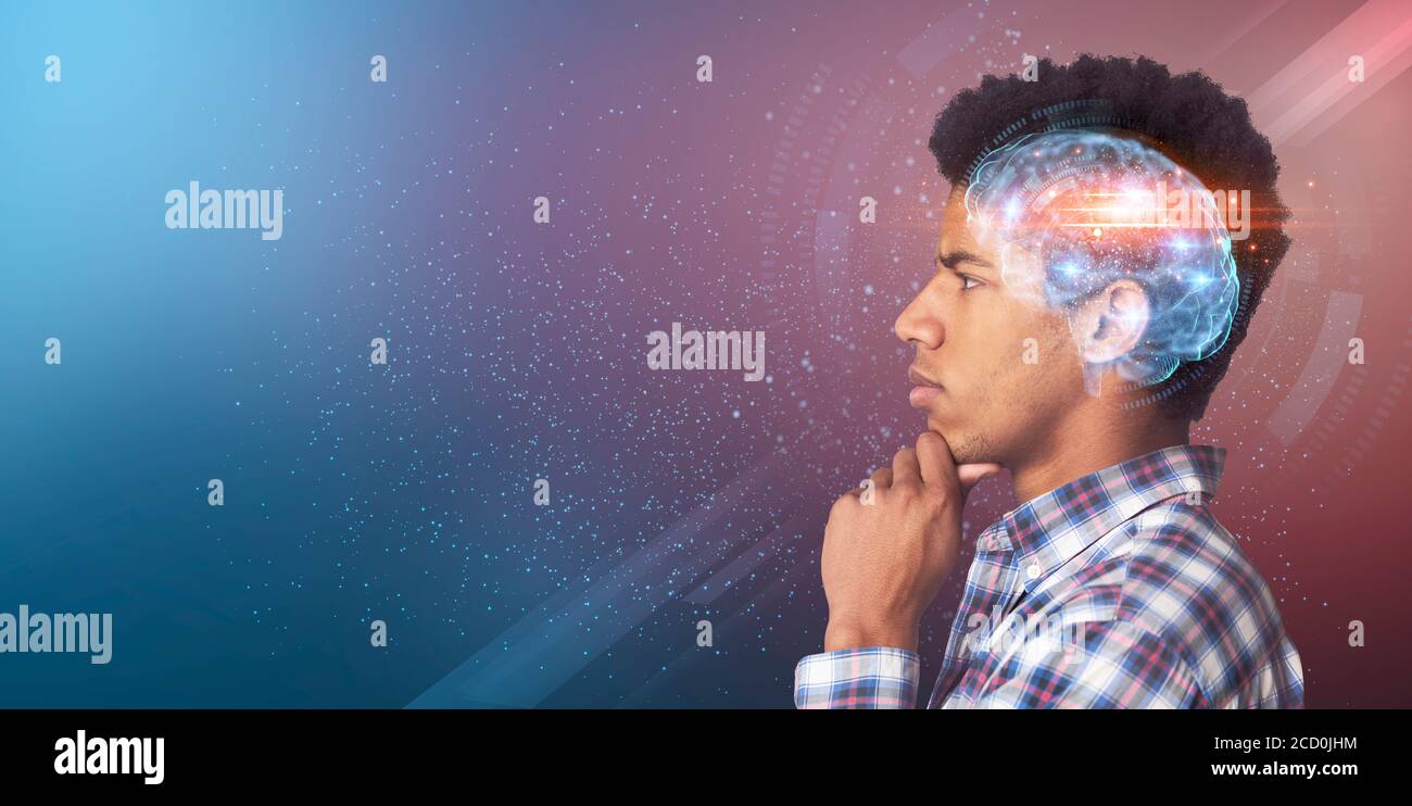 Serious intelligent black guy looking at copy space Stock Photo - Alamy