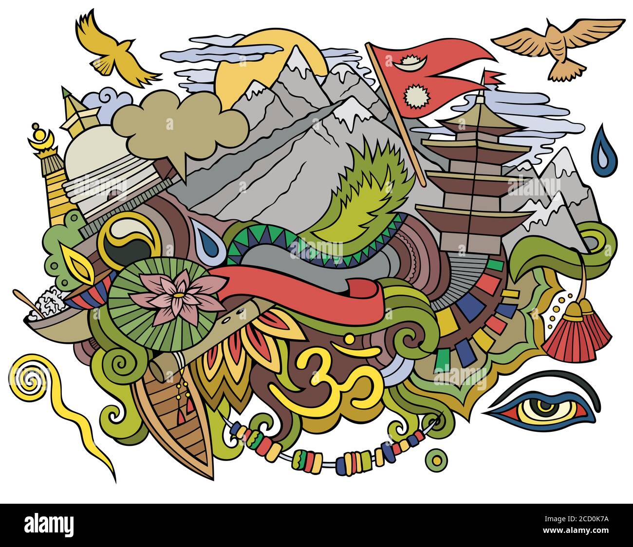 Nepal hand drawn cartoon doodles illustration. Funny travel design ...