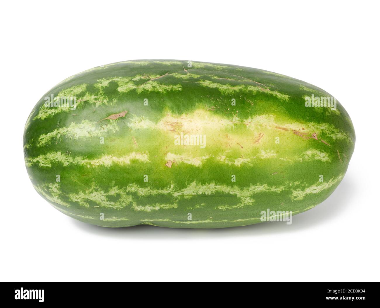 green oblong striped watermelon isolated on white background, close up ...