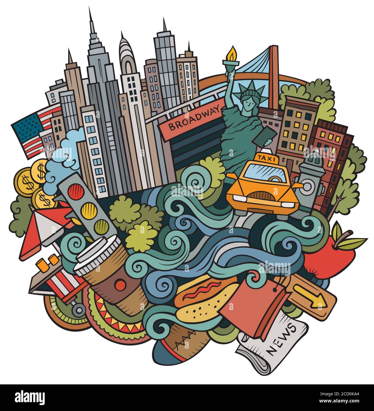 Cartoon cute doodles hand drawn Welcome to New York illustration Stock ...