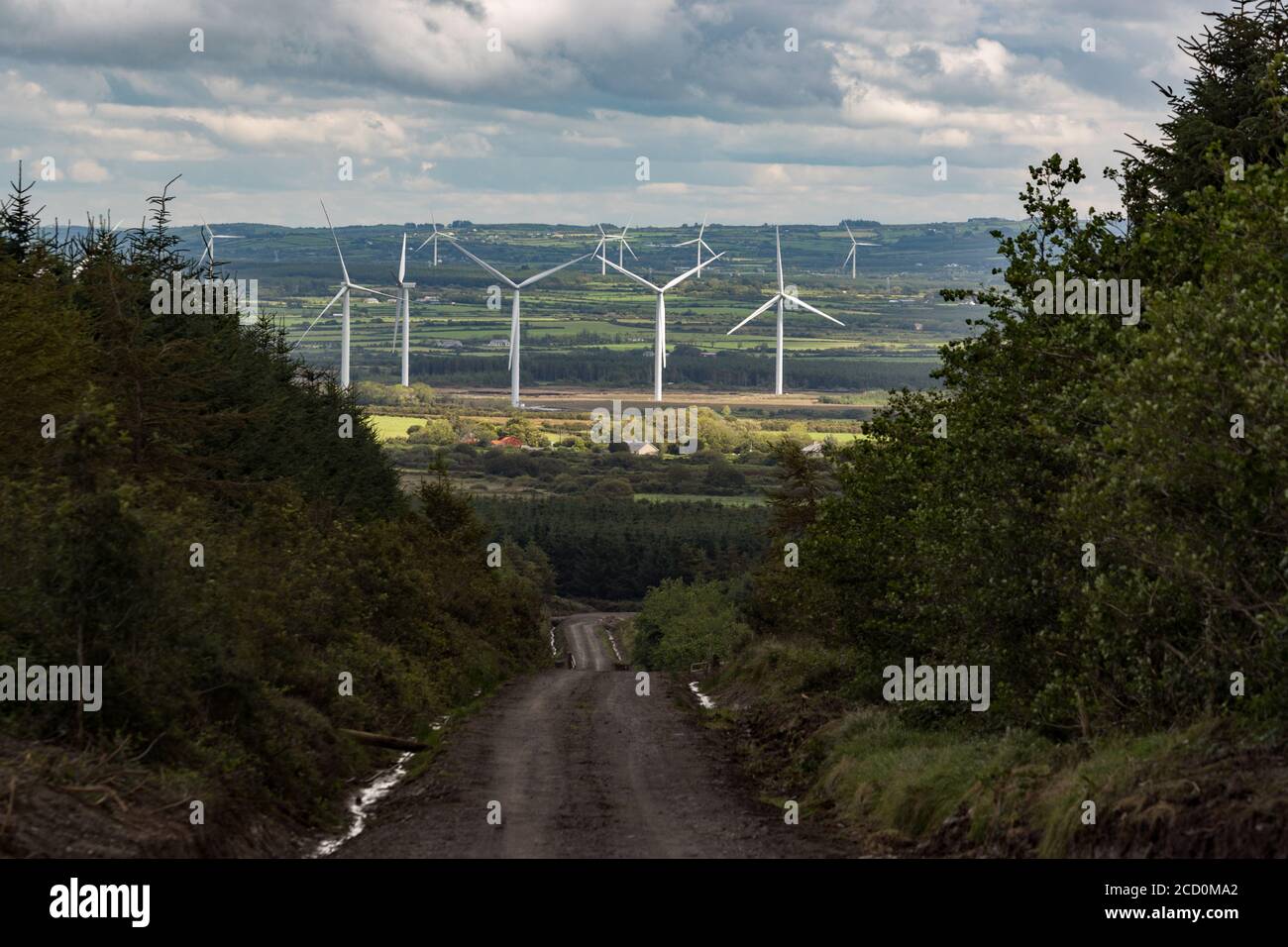 View of wind turbine farm though a backroad in rural north county Kerry ...