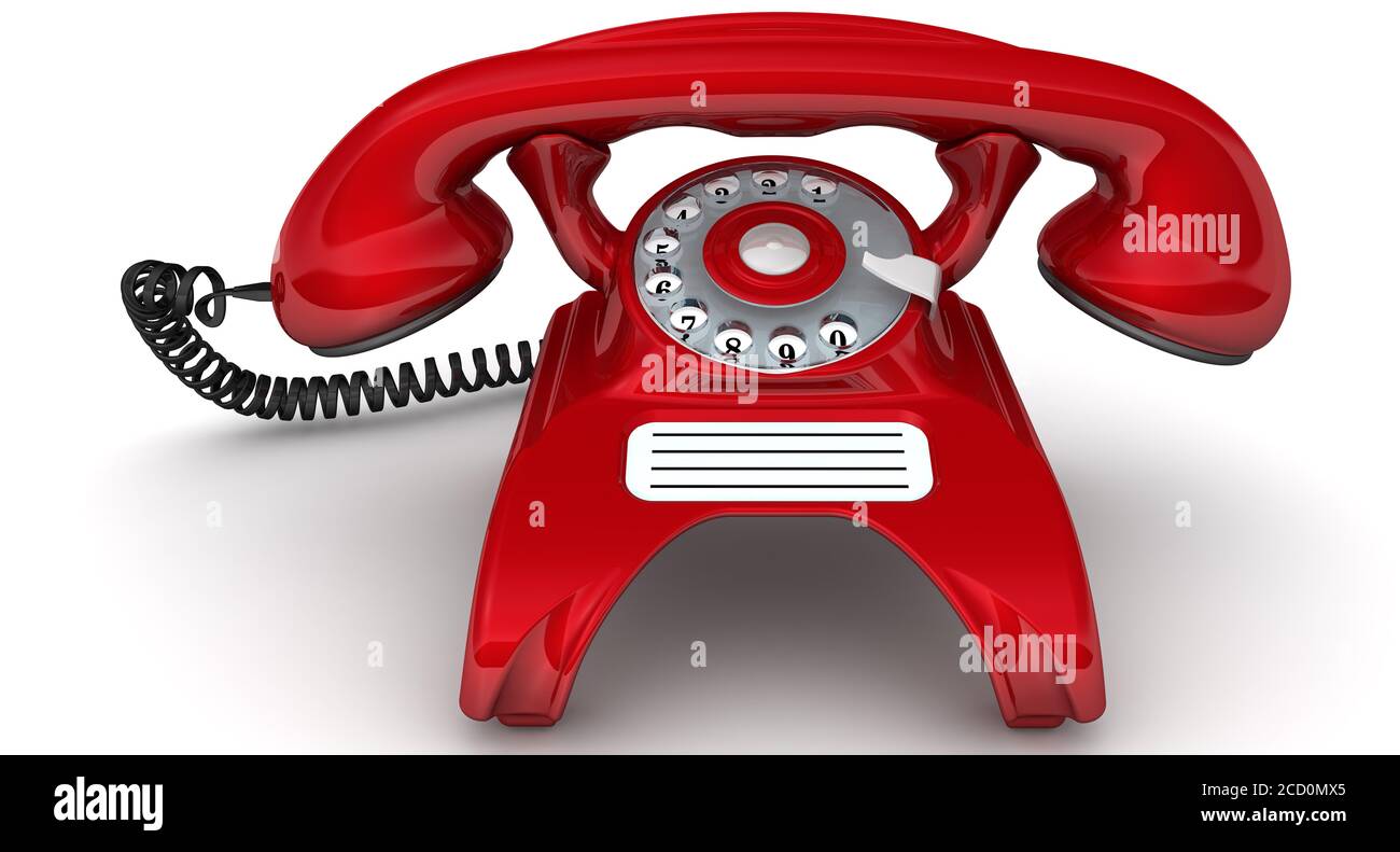 One red telephone. Vintage telephone in red standing on the white ...