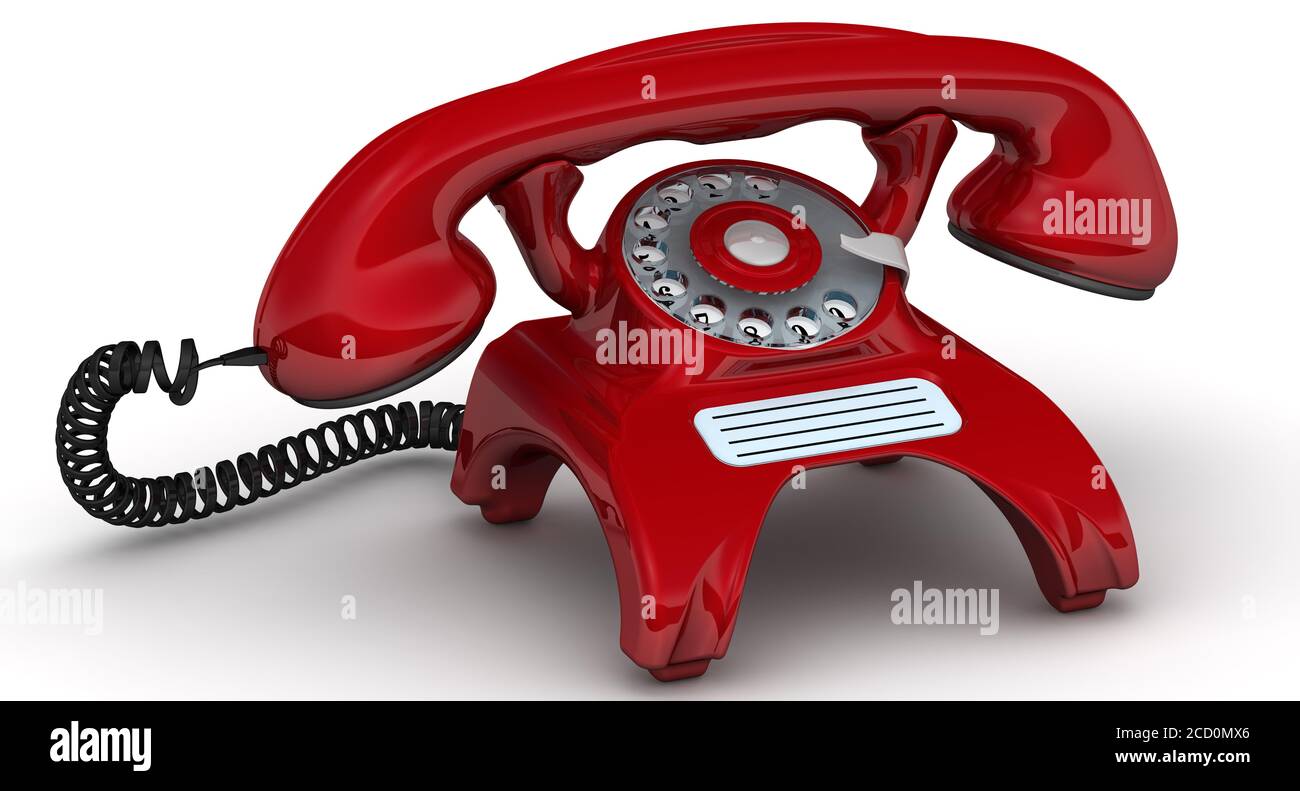 One red telephone. Vintage telephone in red standing on the white ...