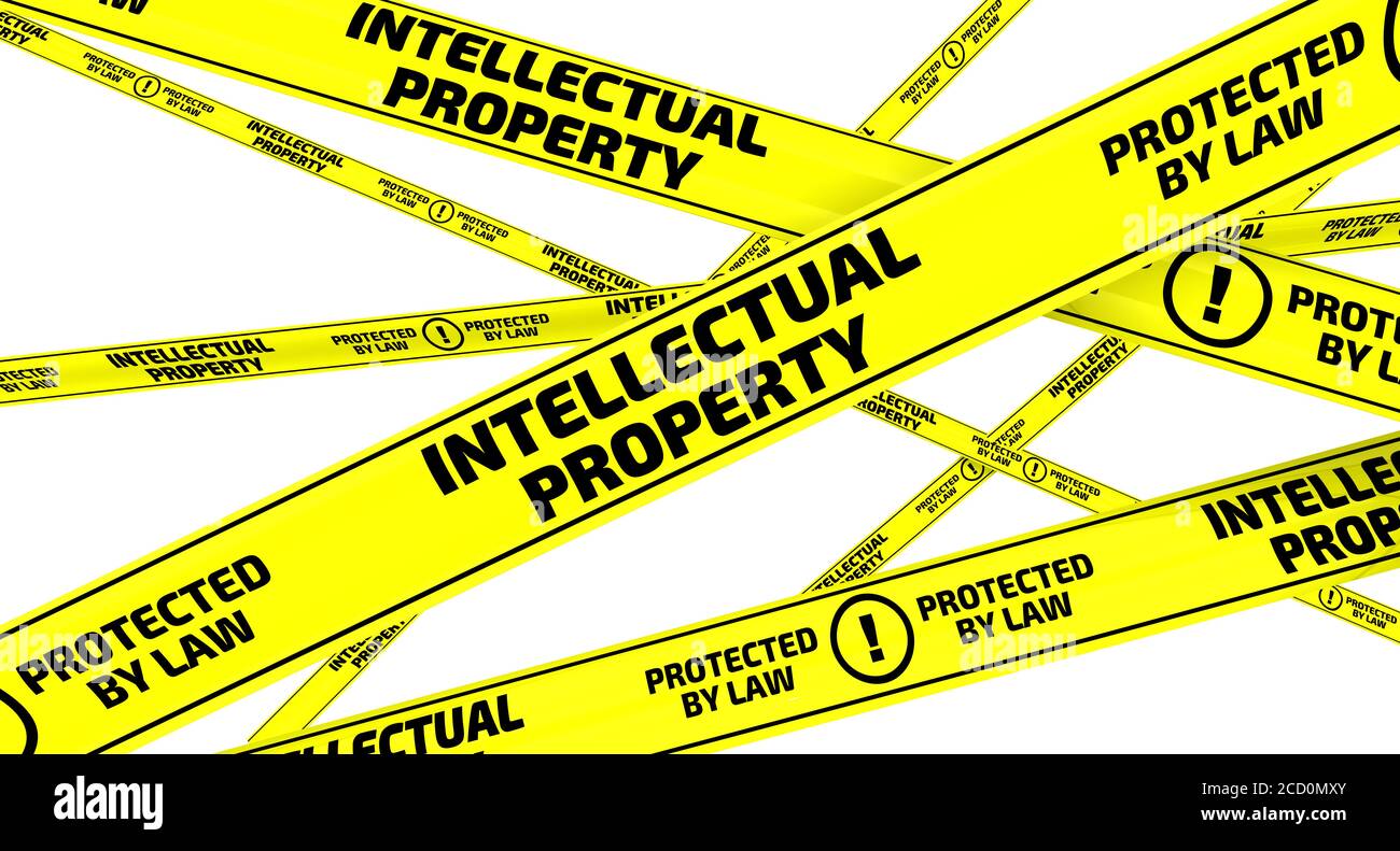 Intellectual property. Yellow warning tapes with text INTELLECTUAL ...